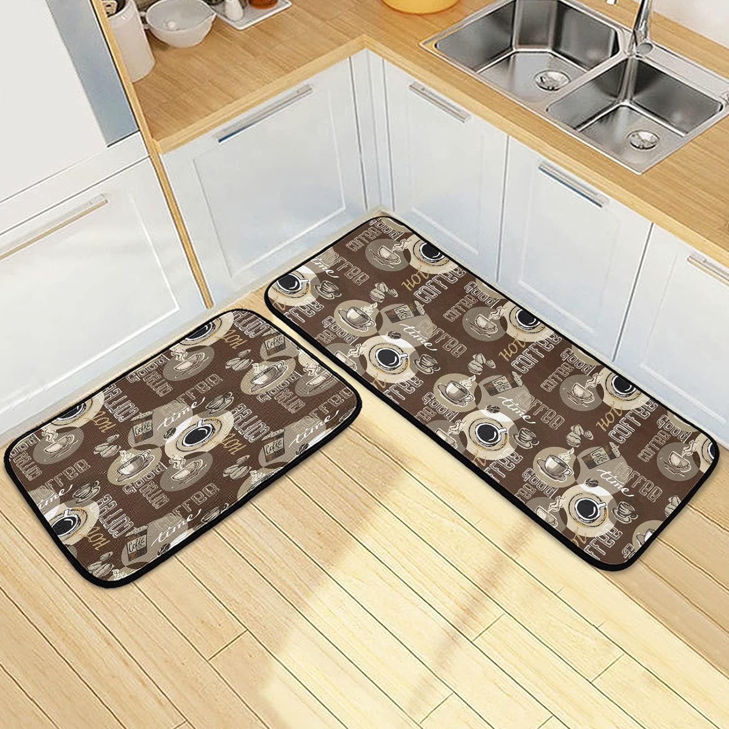 SKYSONIC Coffee Doodle Pattern Kitchen Rugs Set of 2, Hand Drawn Floor ...