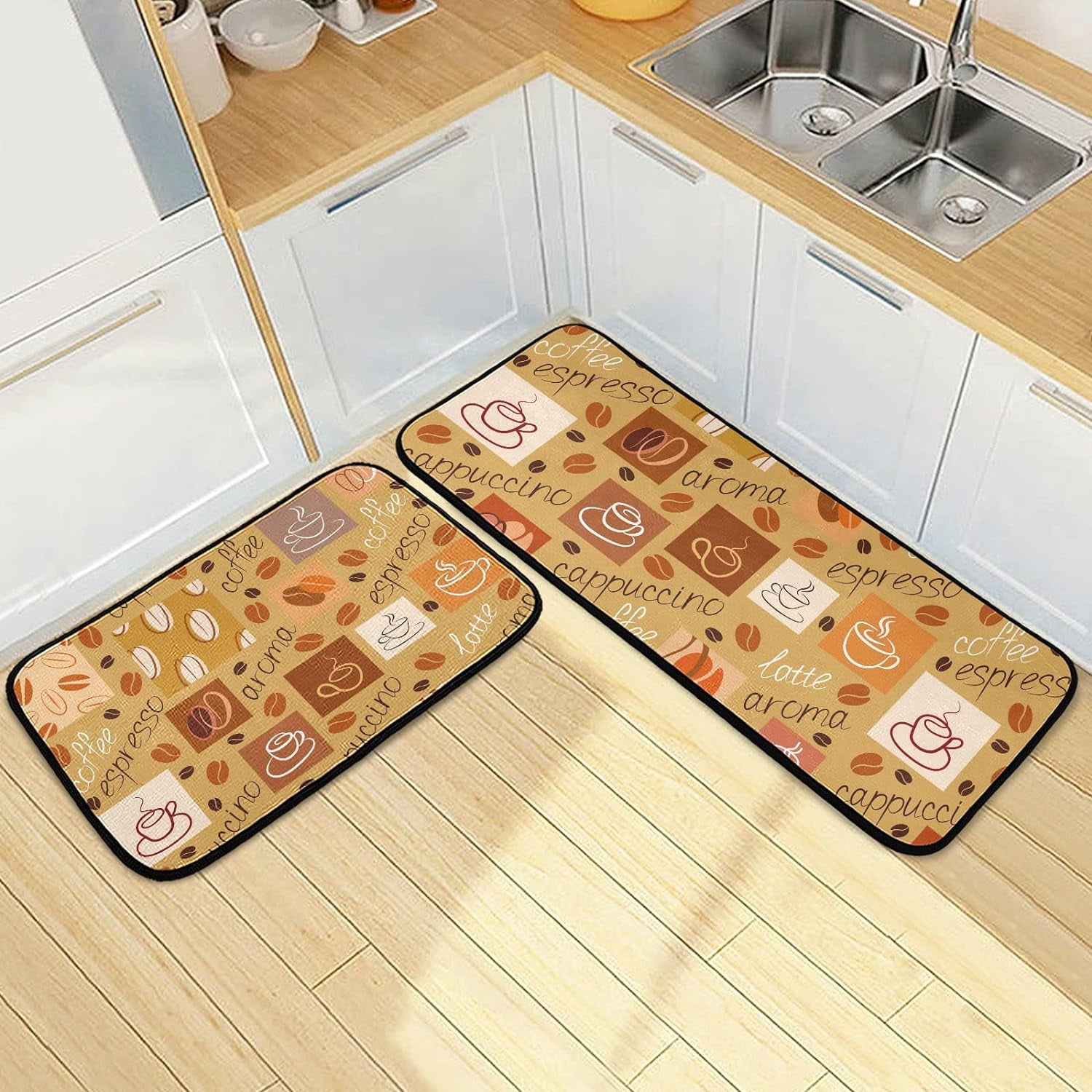 SKYSONIC Coffee Plain Brown Kitchen Rugs Set of 2, Cafe Bean Floor ...