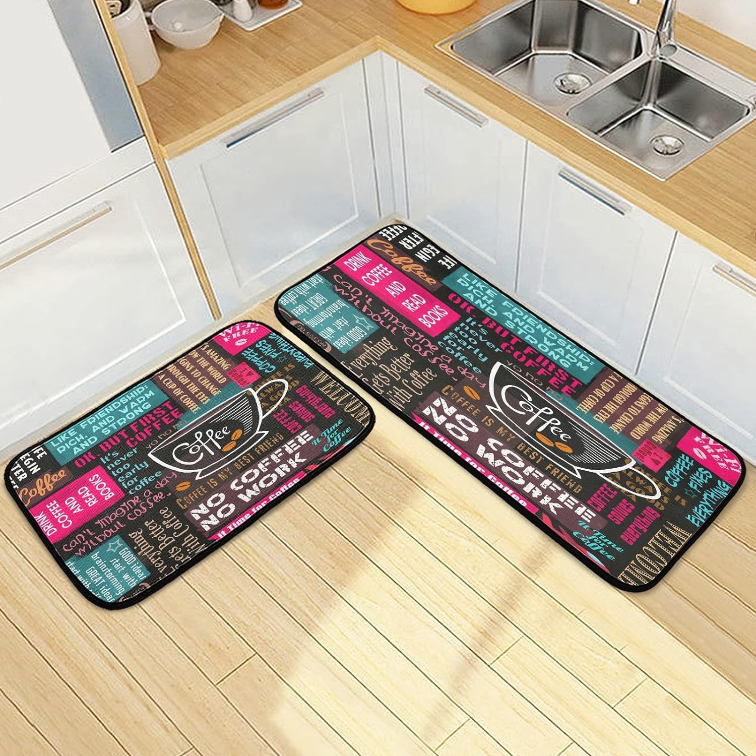 SKYSONIC Coffee Quotes Kitchen Rugs Set of 2, Cafe Theme Floor Runner ...