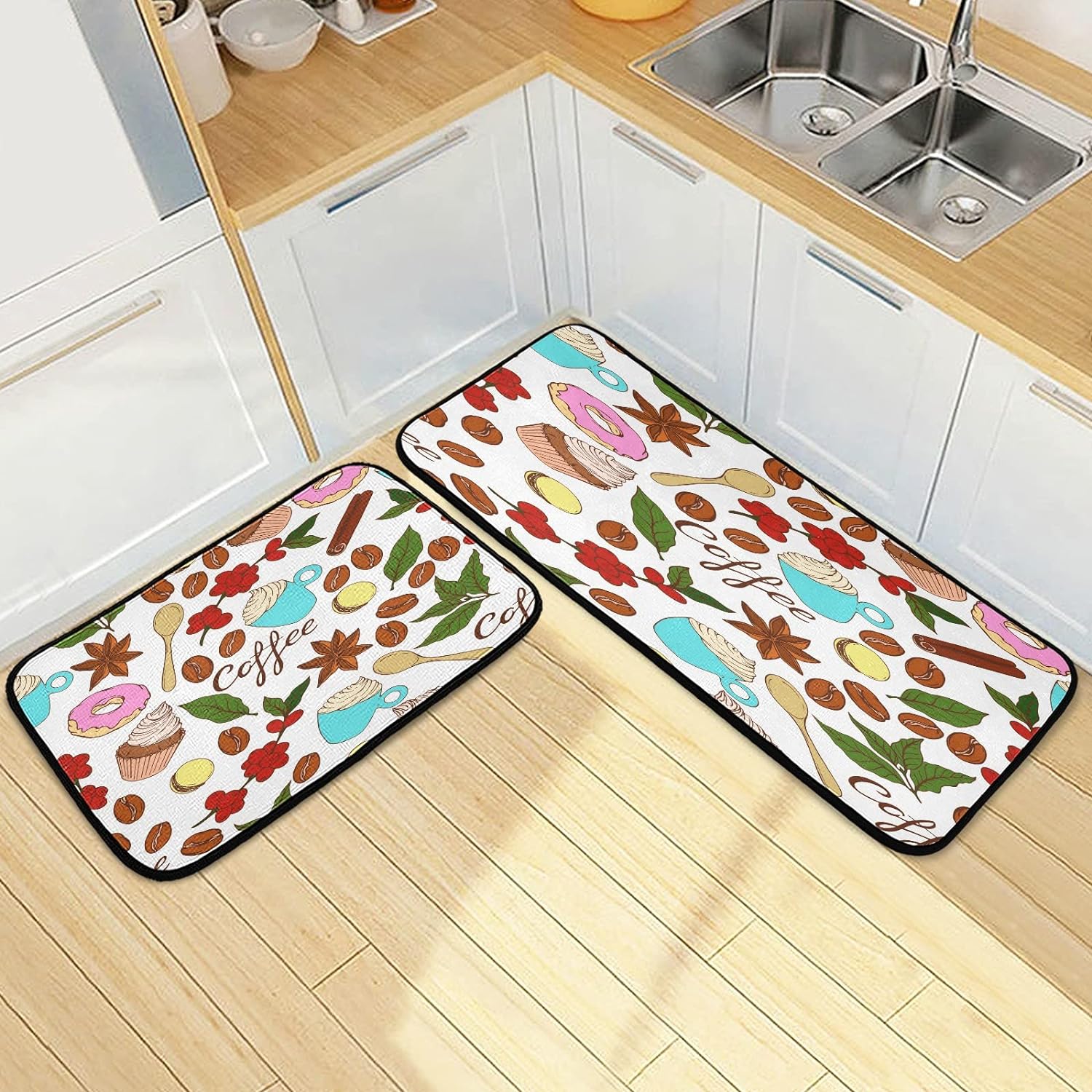 SKYSONIC Coffee Spoon Spices Kitchen Rugs Set of 2, Cream Cake Donut ...
