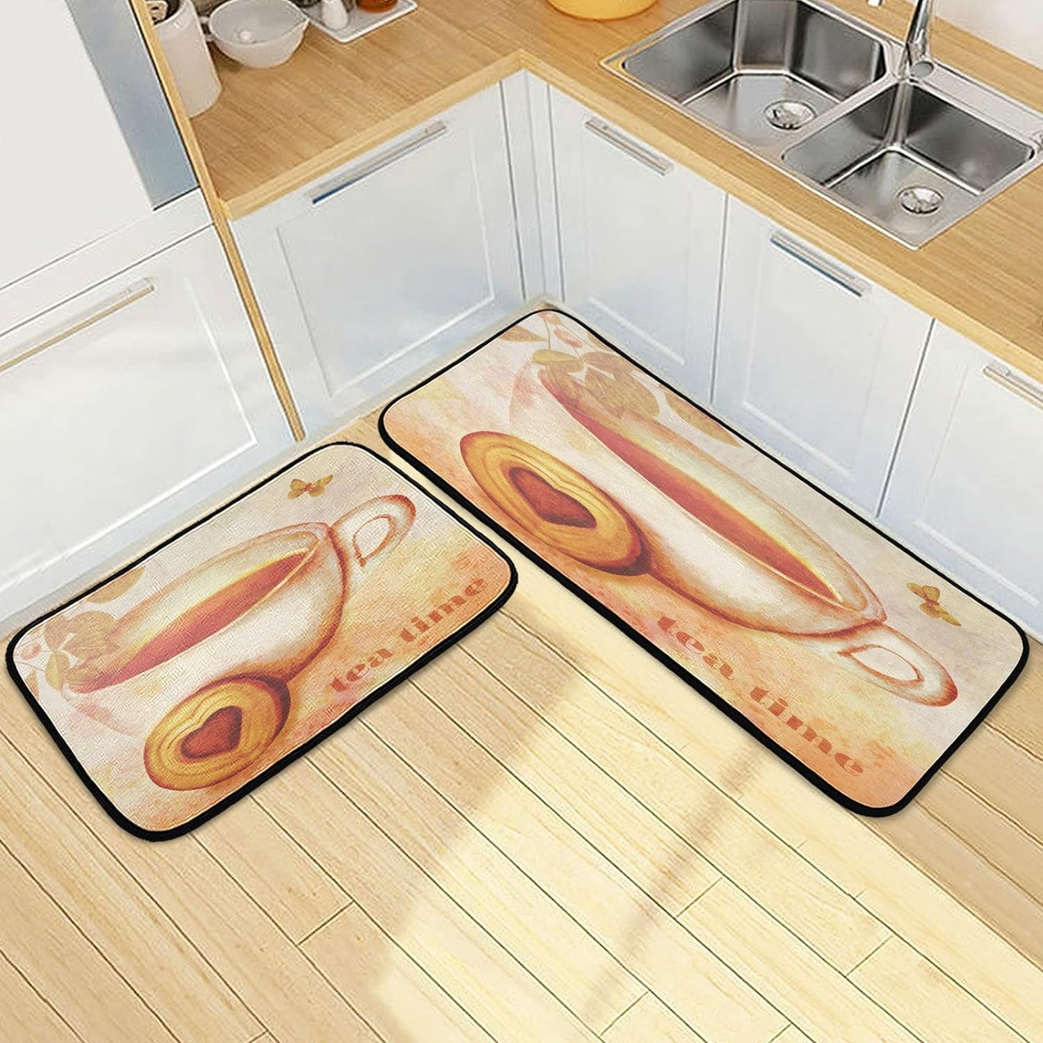 SKYSONIC Coffee Tea Time Kitchen Rugs Set of 2, Vintage Butterfly Floor ...