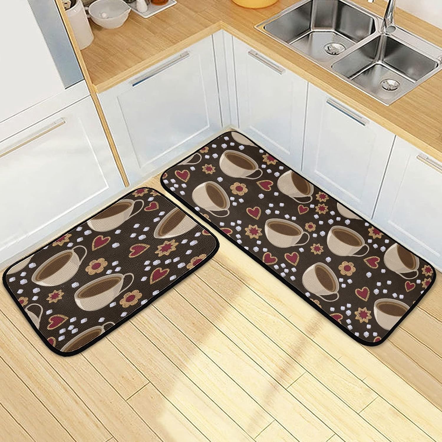 SKYSONIC Coffee Theme Kitchen Rugs Set of 2, Cups Cookies Floor Runner ...