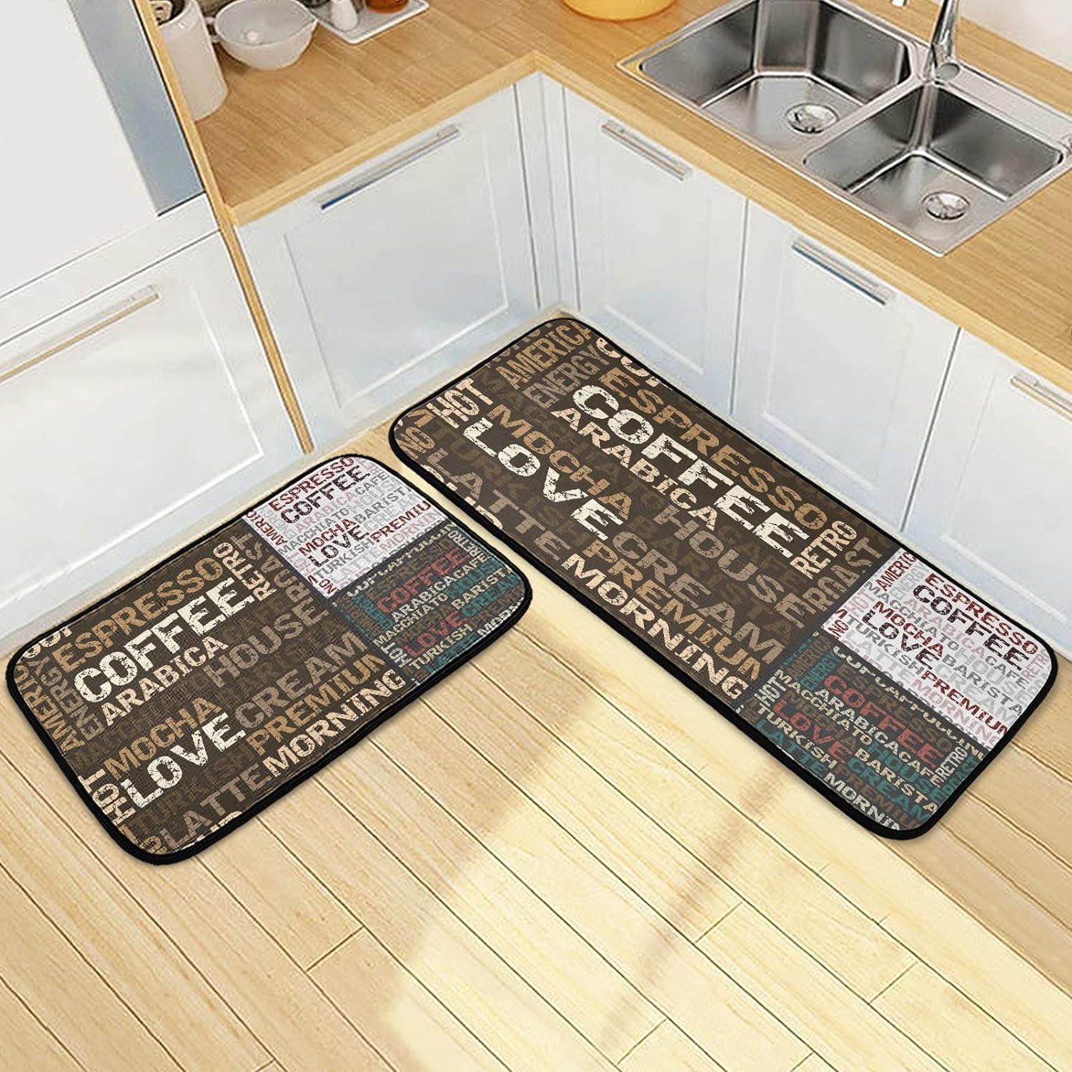 SKYSONIC Coffee Theme Kitchen Rugs Set of 2, Floor Runner Area Rug ...