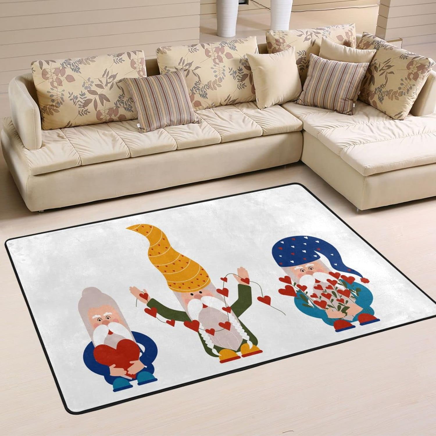 SKYSONIC Colored Dwarfs Hearts Non-Slip Area Rug, Valentines Day Gnome ...