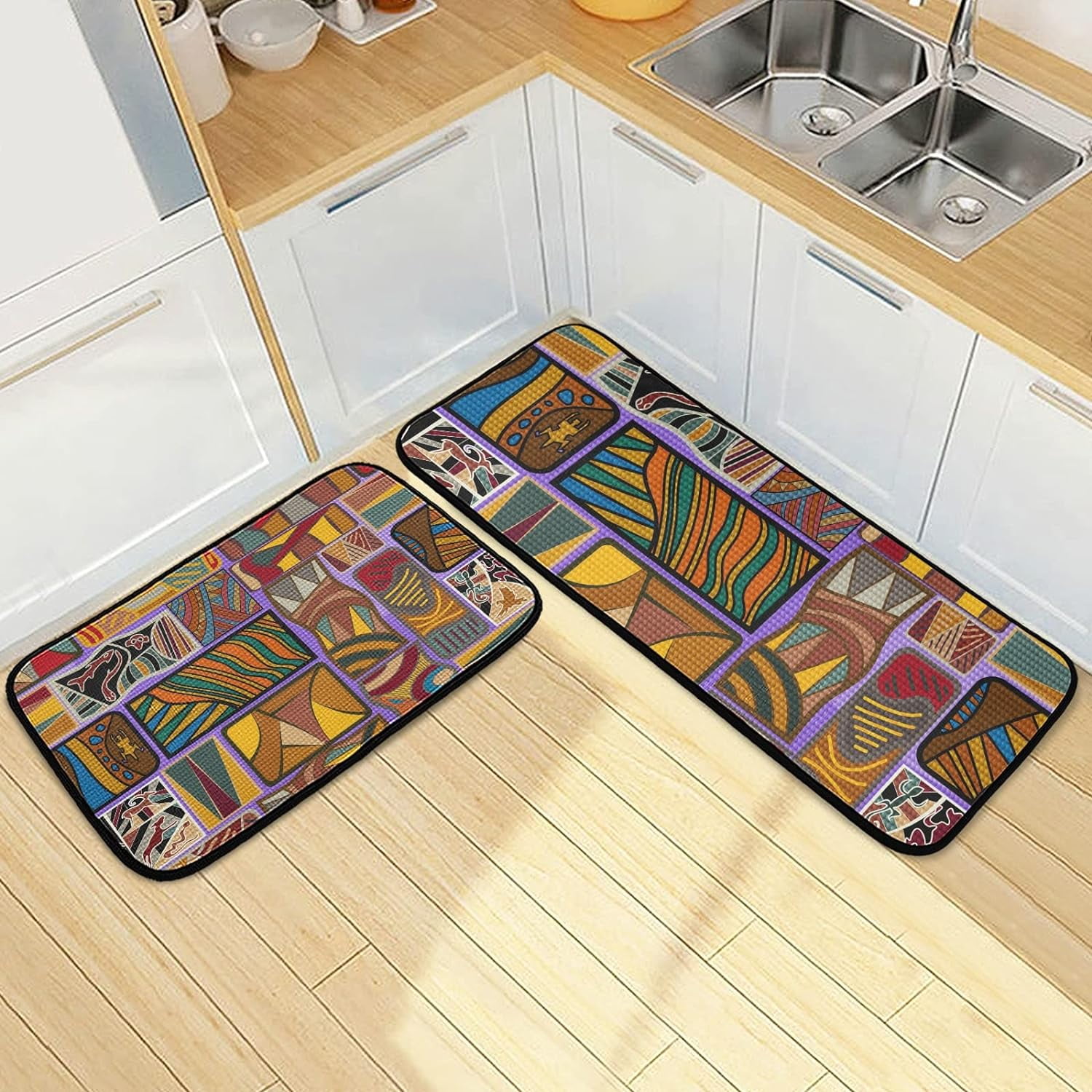 SKYSONIC Colorful African Texture Kitchen Rugs and Mats 2 Pcs, Ethnic ...
