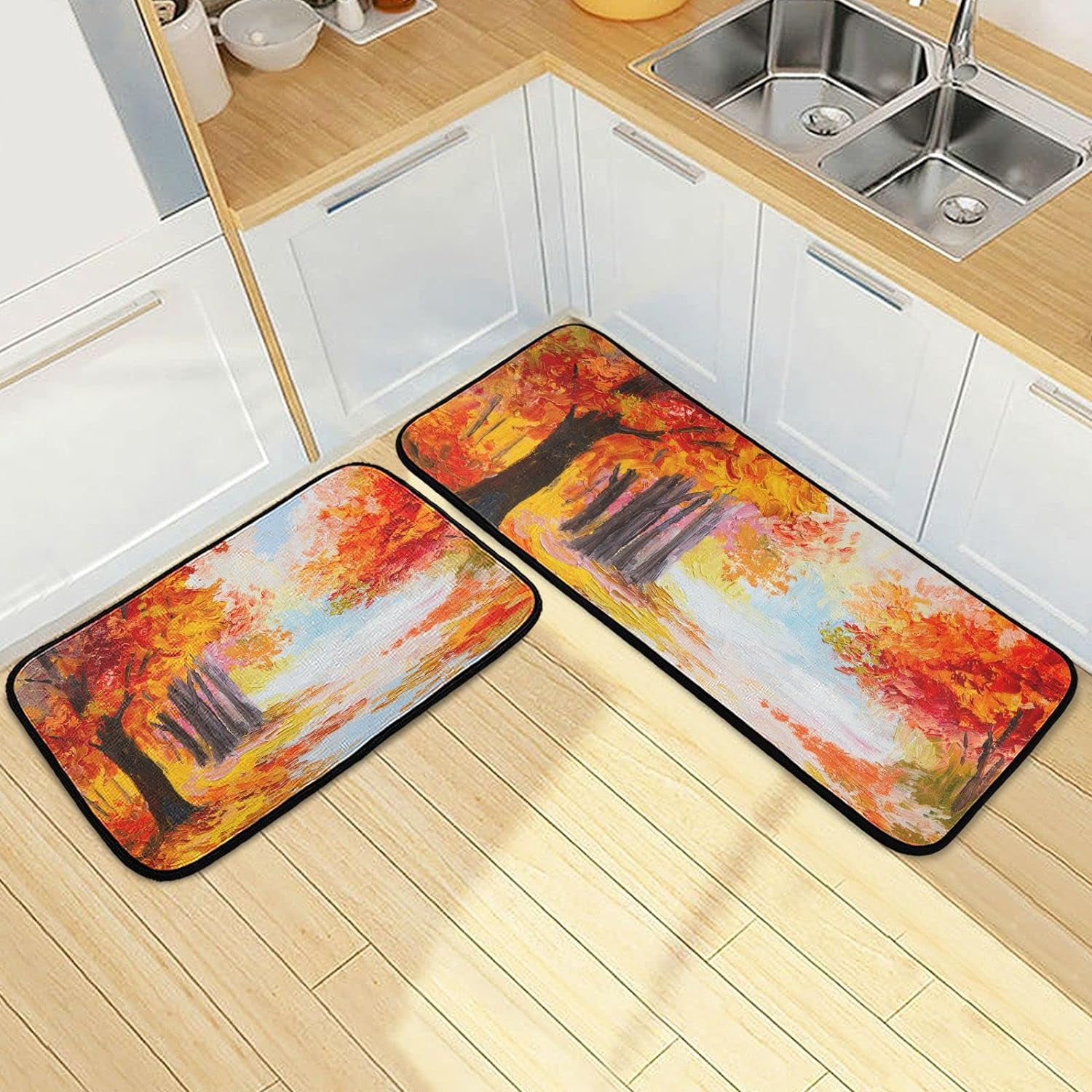 SKYSONIC Colorful Autumn Forest Kitchen Rugs Set of 2, Oil Painting ...