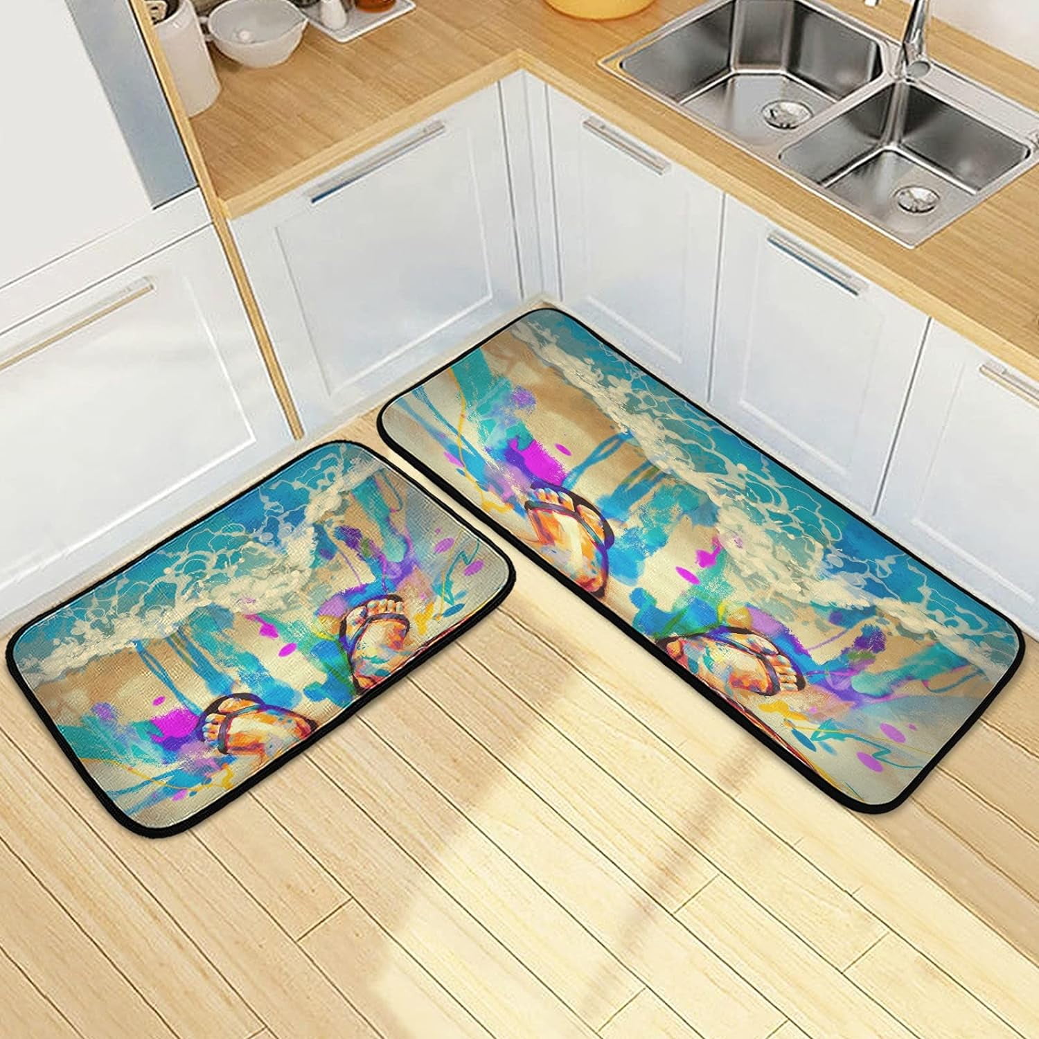 SKYSONIC Colorful Beach Flip-Flops Kitchen Rugs Set of 2, Summer Floor ...