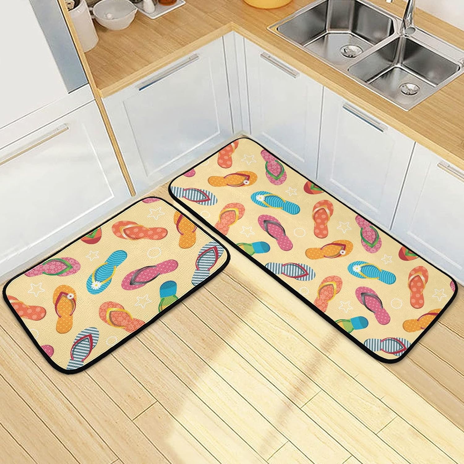 SKYSONIC Colorful Flip Flops Stars Kitchen Rugs Set of 2, Summer Beach Floor Runner Area Rug ...