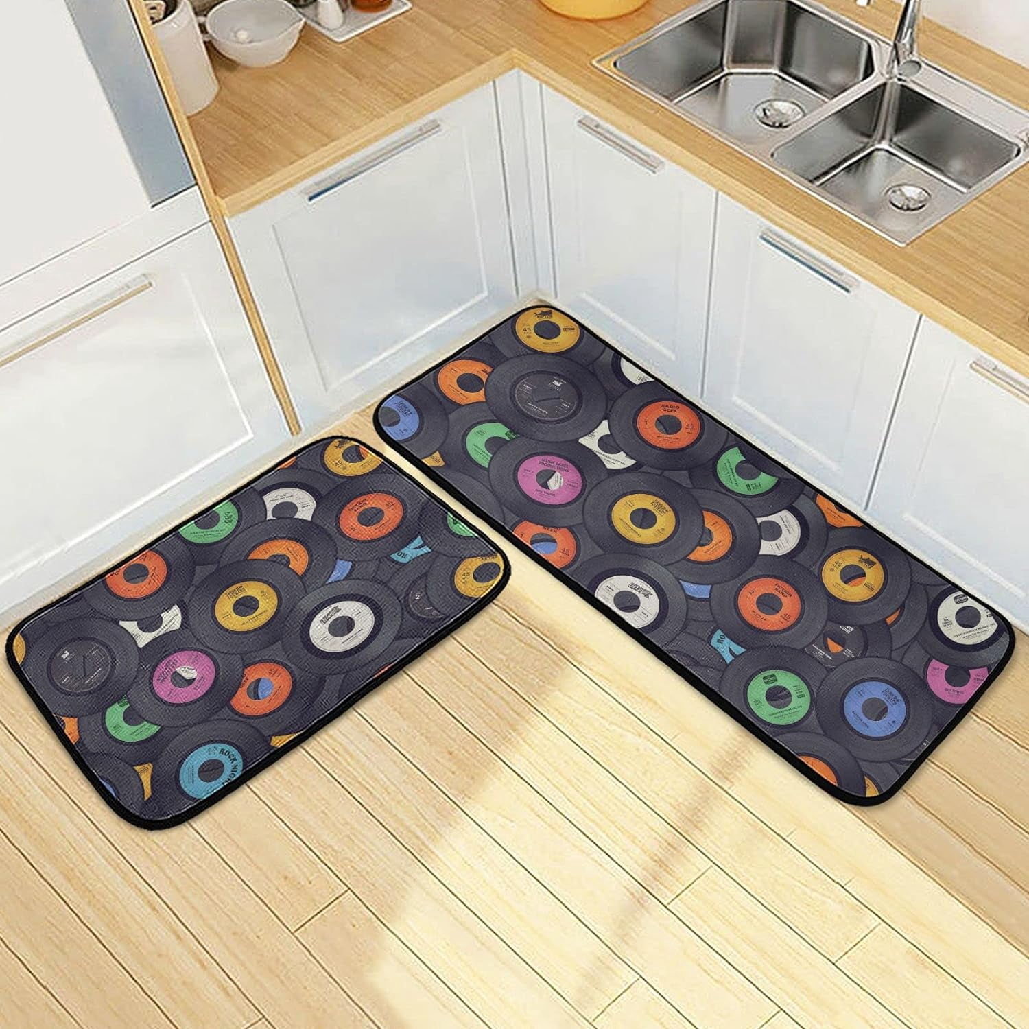 SKYSONIC Colorful Music Vinyl Records Kitchen Mats Set of 2 Black Tape ...