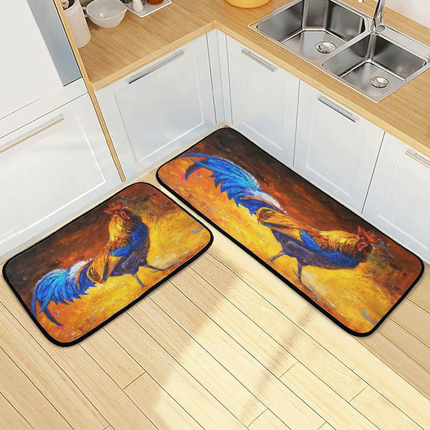 SKYSONIC Colorful Rooster Kitchen Rugs 2 Pieces, Modern Farm Cock Floor ...