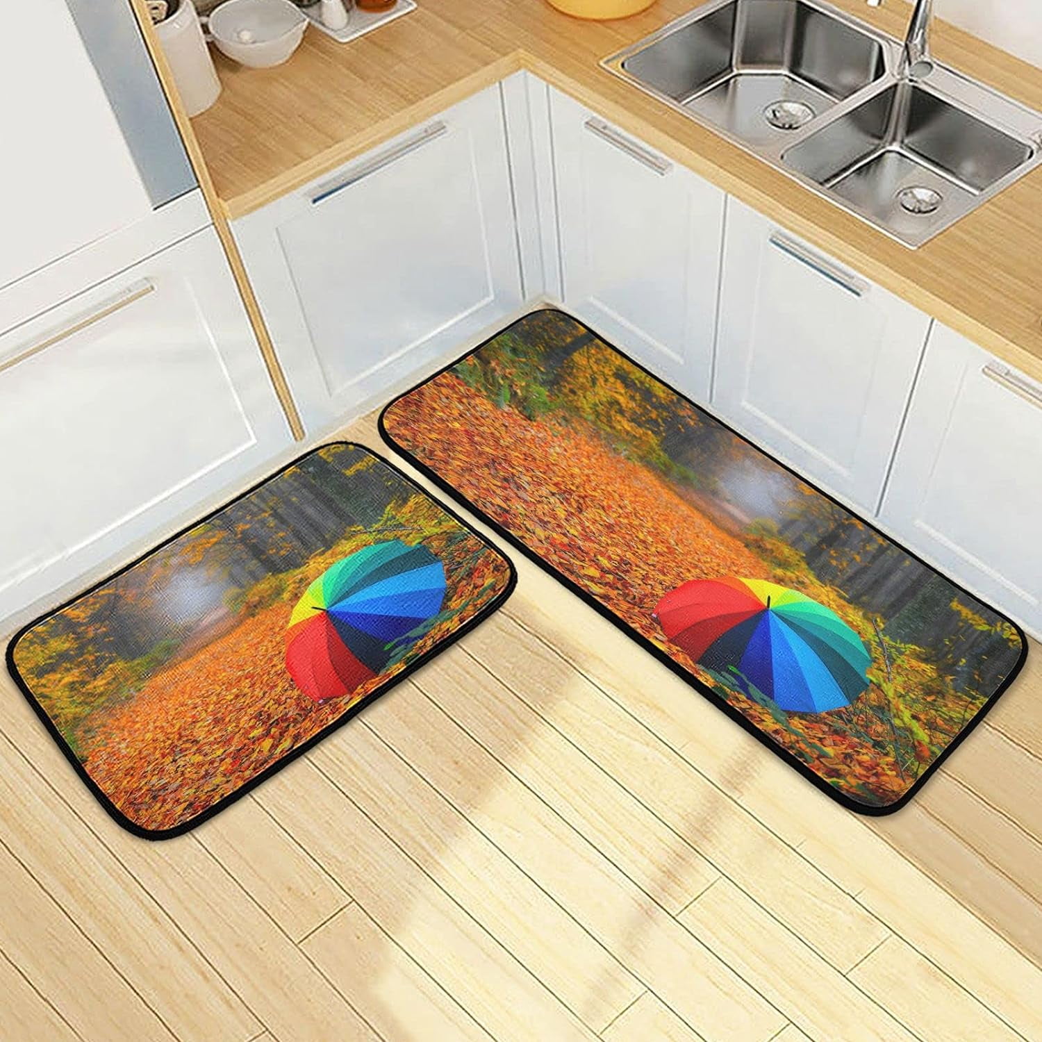 SKYSONIC Colorful Umbrella Fall Forest Kitchen Rugs Set of 2, Autumn ...