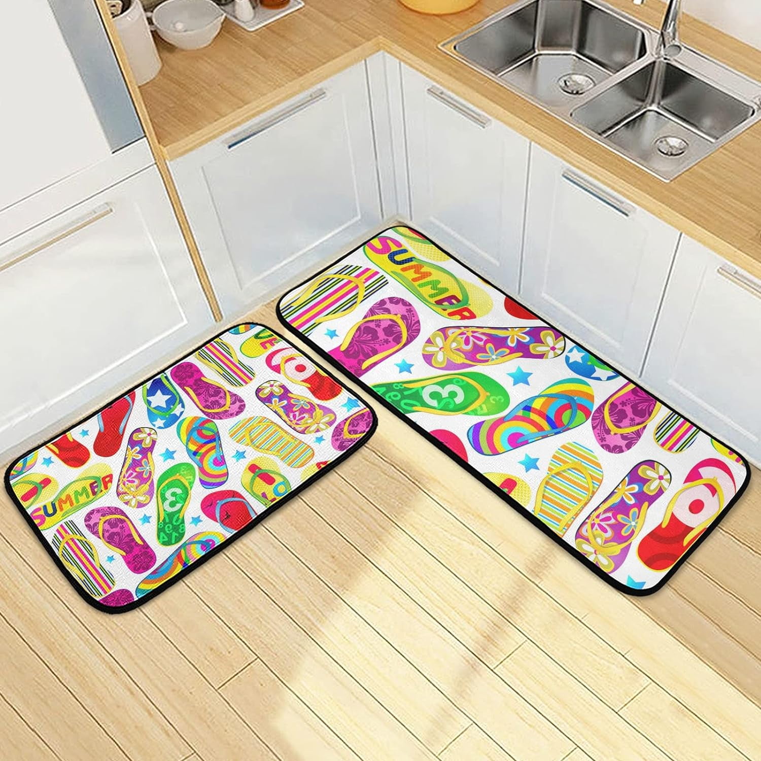 SKYSONIC Colors Flip Flops Kitchen Rugs Set of 2, Summer Stars Floor ...