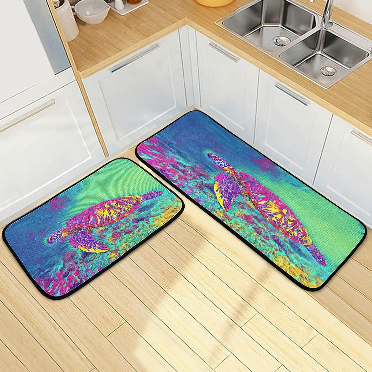 SKYSONIC Colourful Sea Turtle Kitchen Mats and Rugs Underwater Turtle ...