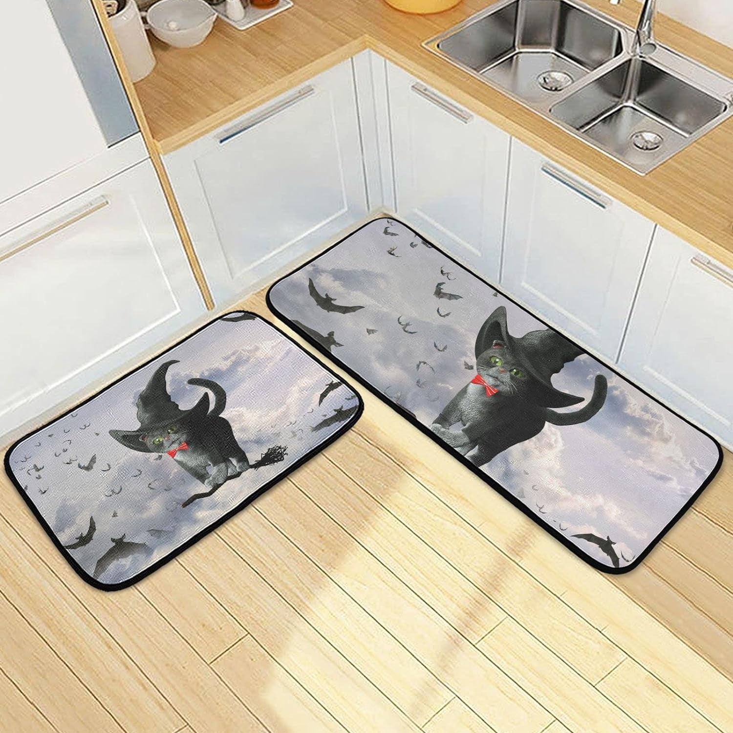 SKYSONIC Cool Cat Witch Kitchen Rugs 2 Pieces, Halloween Bat Floor Mat ...