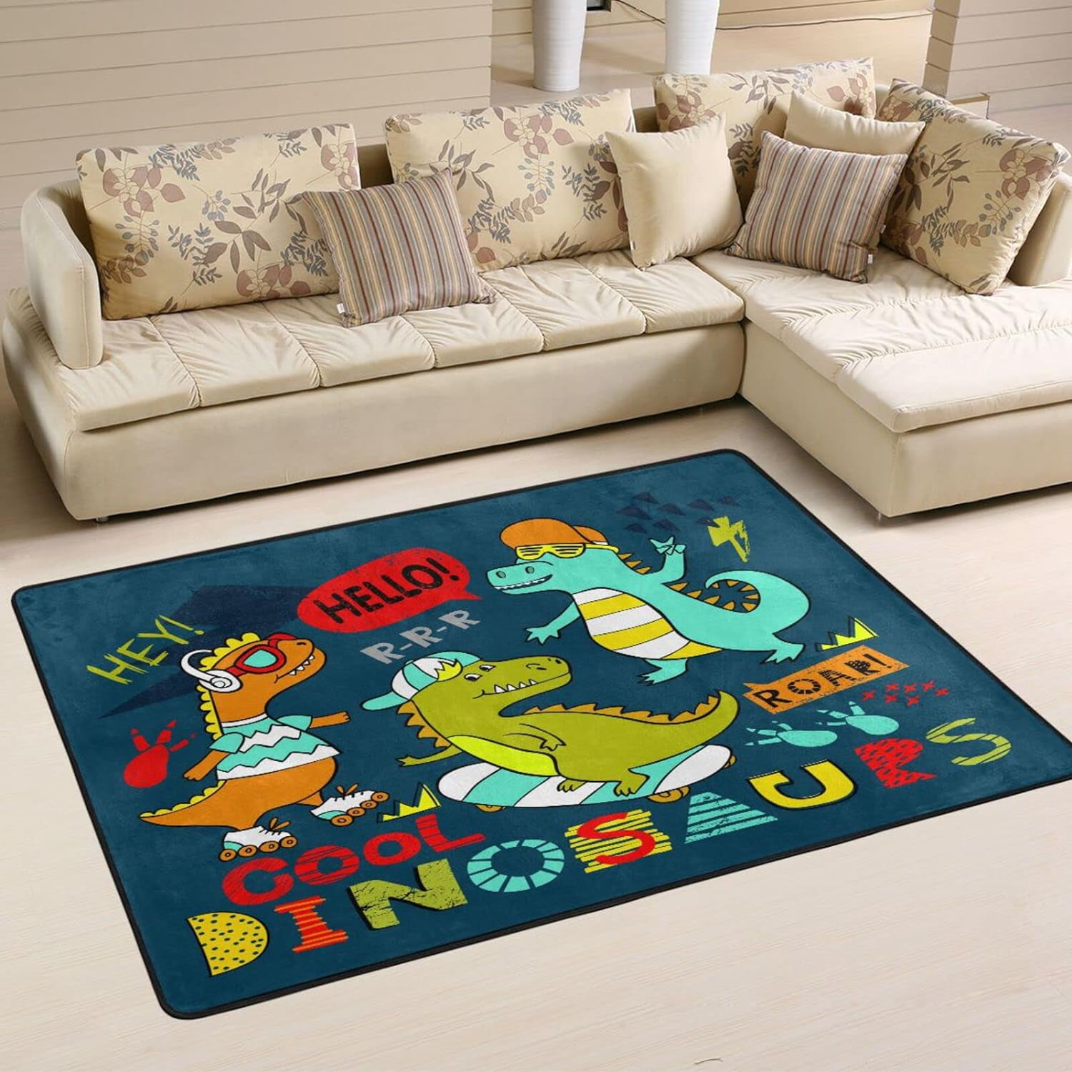 SKYSONIC Cool Dinosaurs Area Rug 72x48in Sports Dino Non-Slip Floor ...