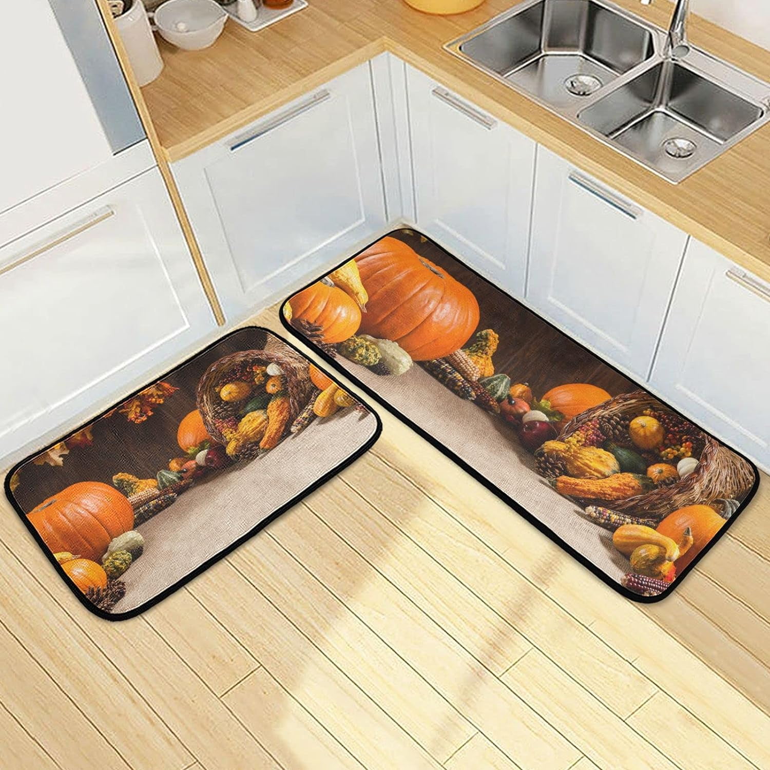 SKYSONIC Cornucopia Autumn Kitchen Rugs Set of 2, Fall Harvest Season ...
