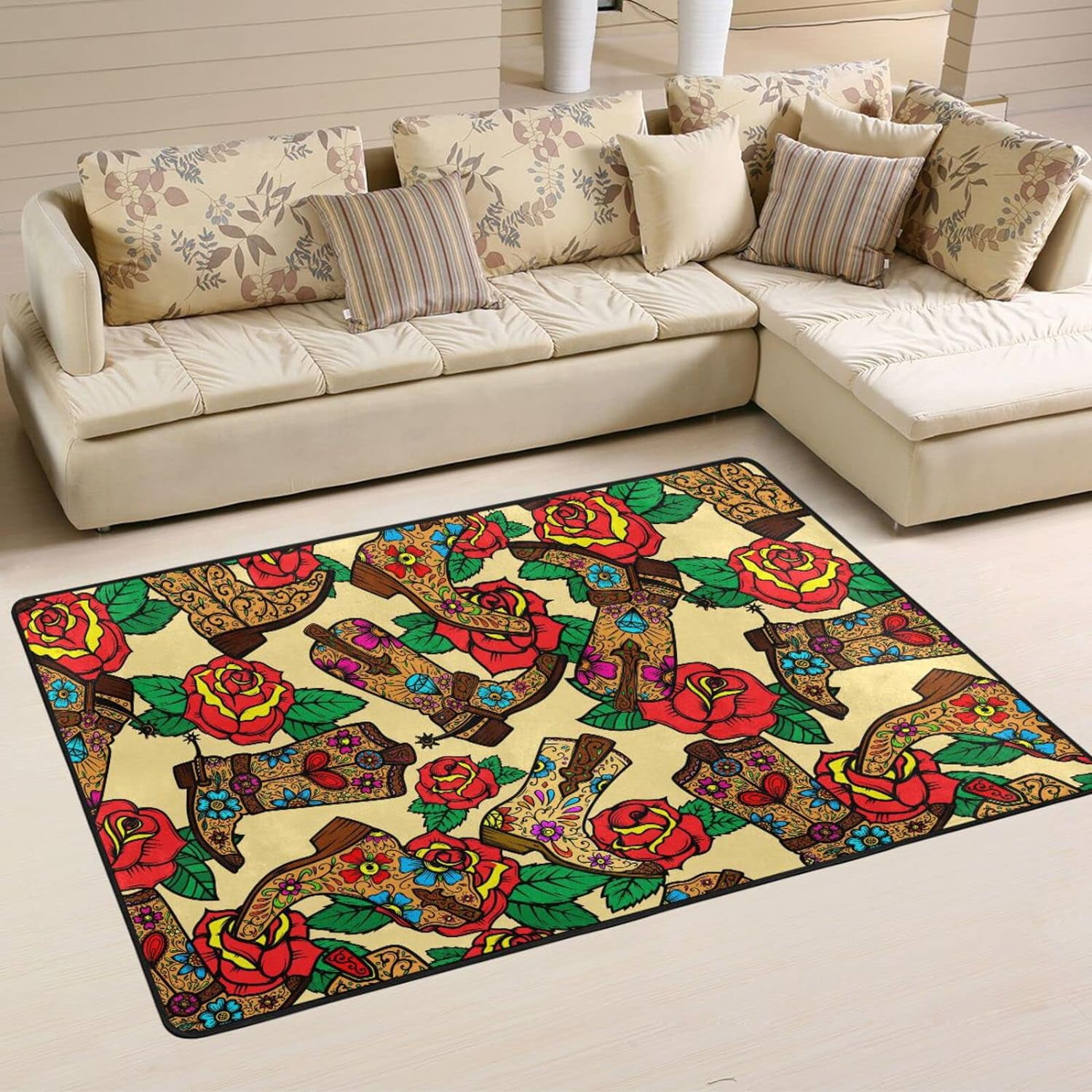 SKYSONIC Cowboy Boots Roses Area Rug 72x48in Vintage American Wild West ...