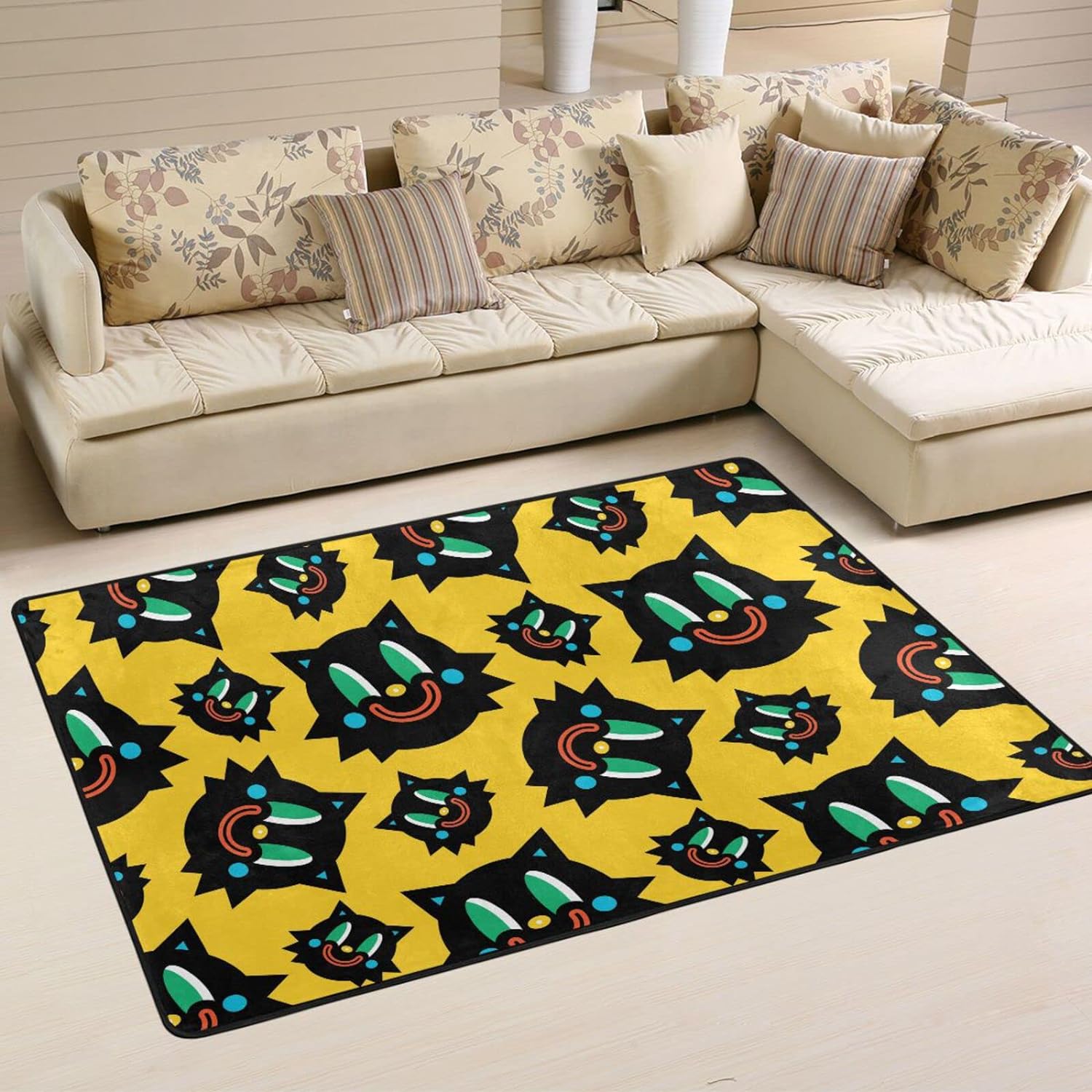 SKYSONIC Crazy Funny Black Cat Non-Slip Area Rug, Cartoon Face Floor ...