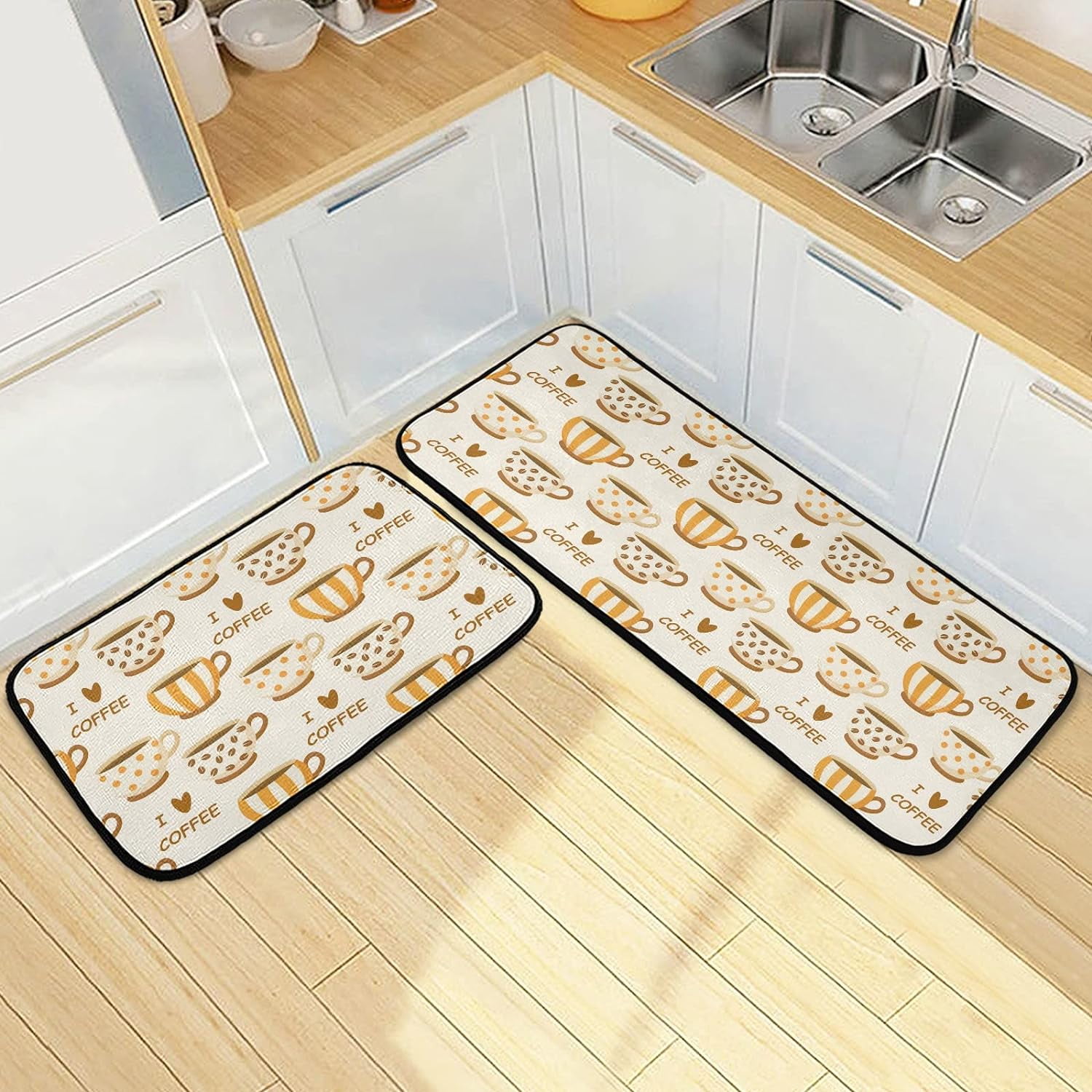 SKYSONIC Cups Beans Hearts Brown Kitchen Rugs Set of 2, I Love Coffee ...