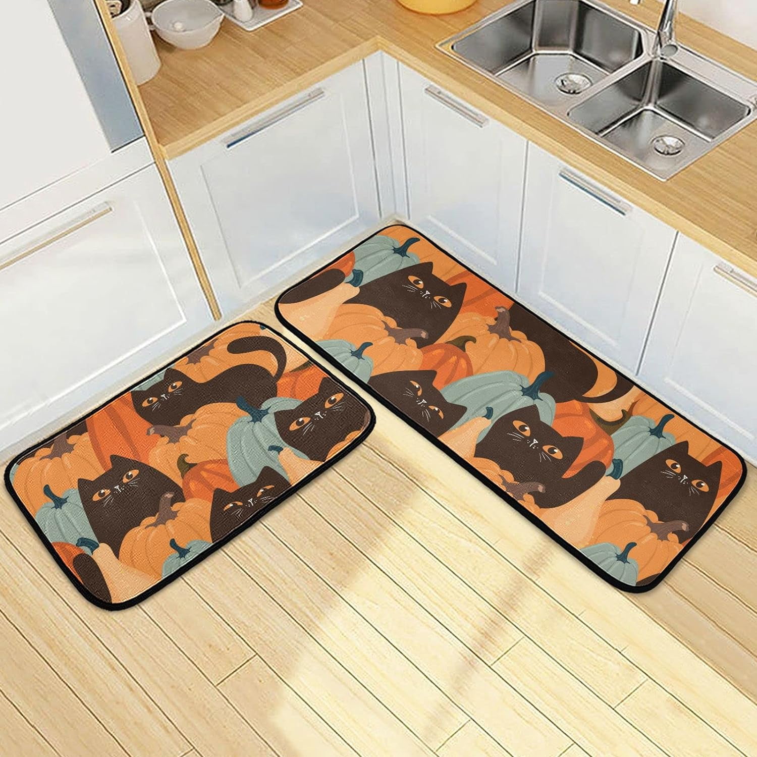 SKYSONIC Cut Black Cats Kitchen Rugs 2 Pieces, Pumpkins Autumn Floor ...