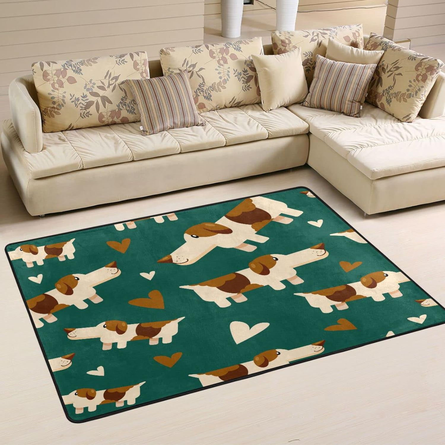 SKYSONIC Cute Basset Hound Dog Non-Slip Area Rug, Cartoon Heart Floor ...