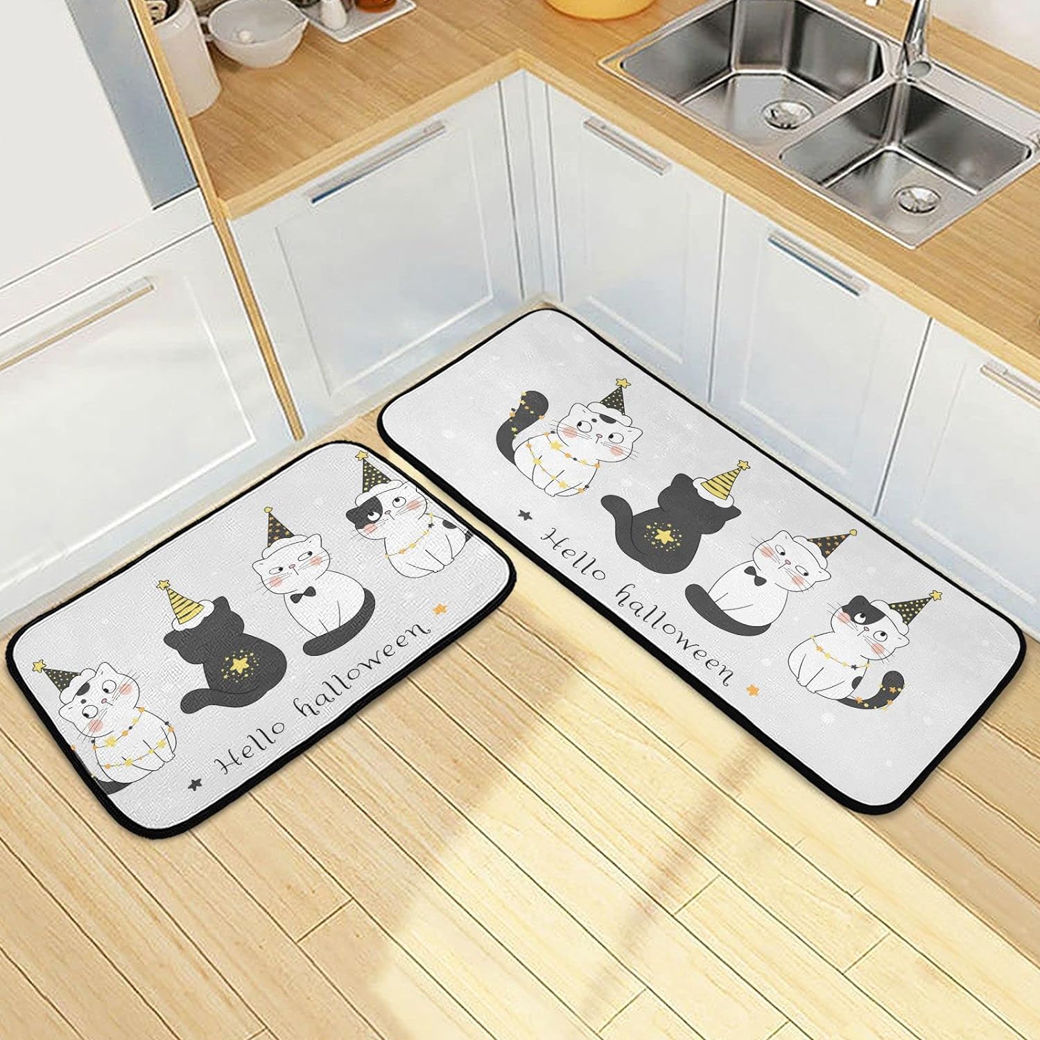 SKYSONIC Cute Black White Cat Witch Hat Kitchen Rugs 2 Pieces, Hello ...