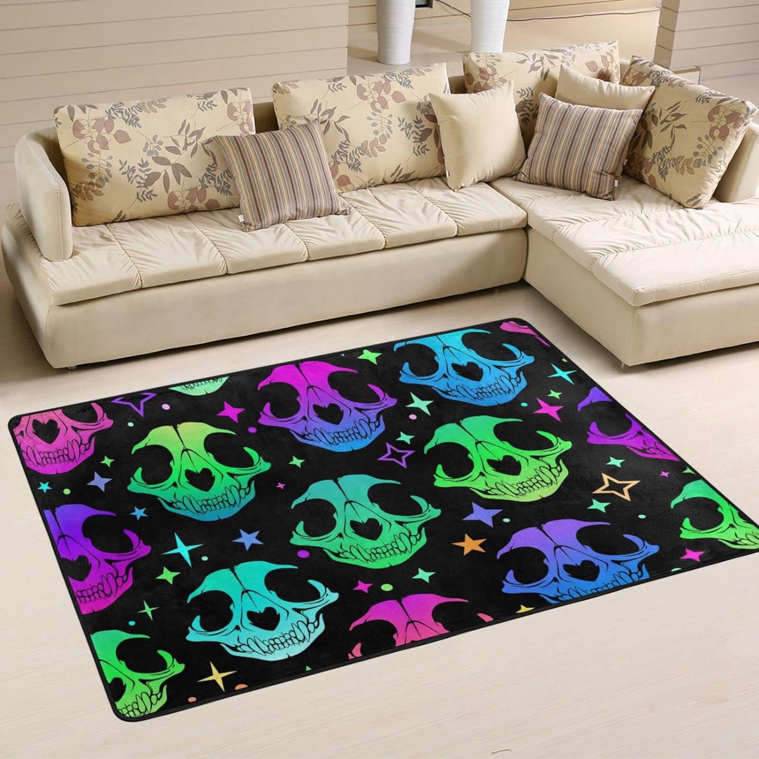 SKYSONIC Cute Cartoon Cat Skull Non-Slip Area Rug, Colorful Neon Star ...