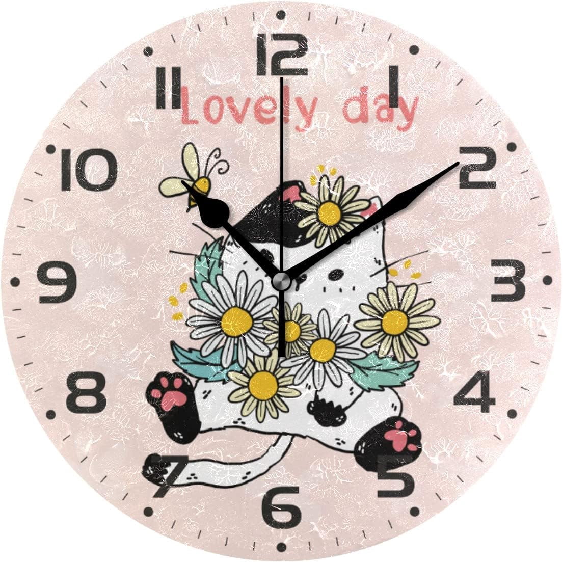 SKYSONIC Cute Cat Daisy Wall Clock 10 Inch Silent Non Ticking Round ...