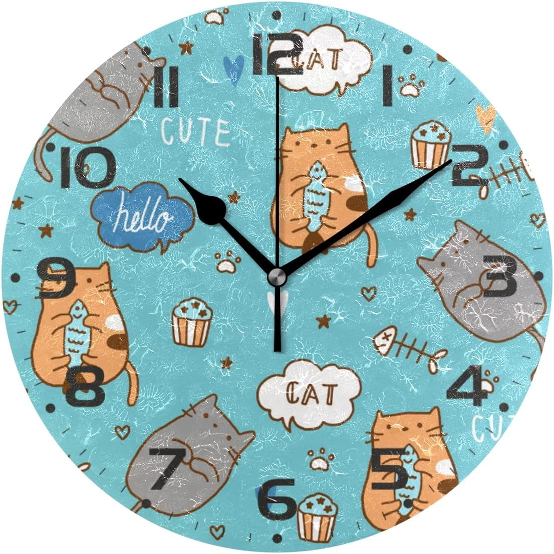 SKYSONIC Cute Cat Wall Clock 10 Inch Silent Non Ticking Round Clock Oil ...