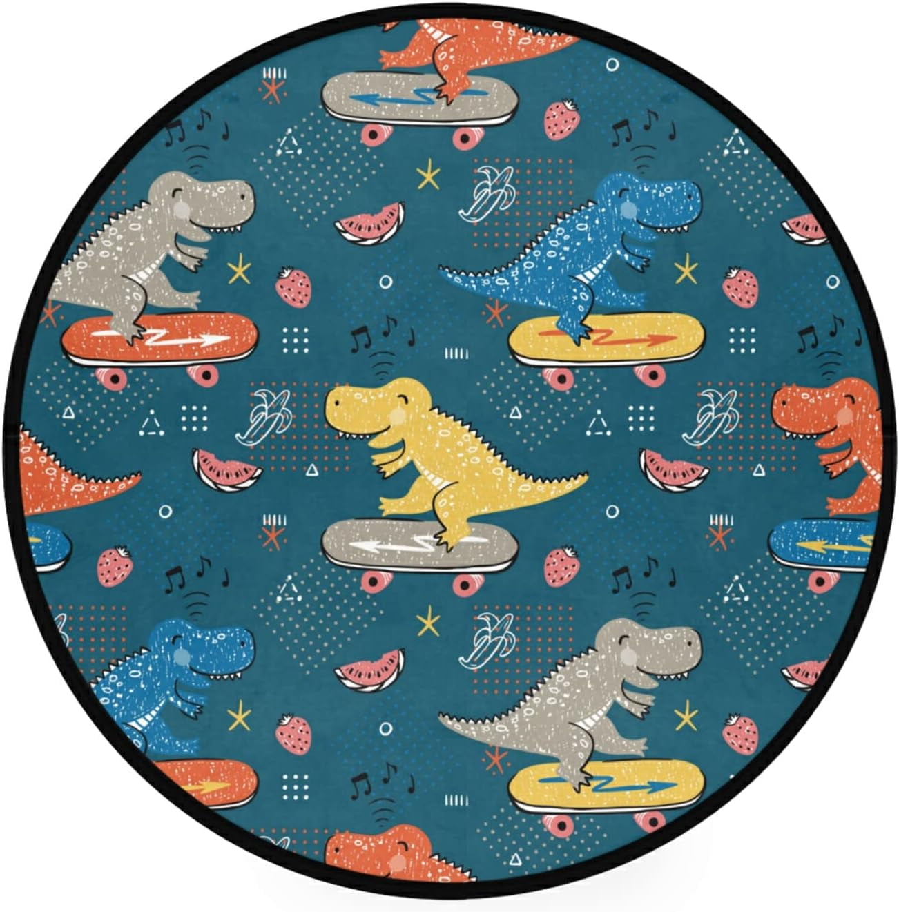 SKYSONIC Cute Doodle Dinosaur Skater Blue Round Area Rug Chair Couch ...