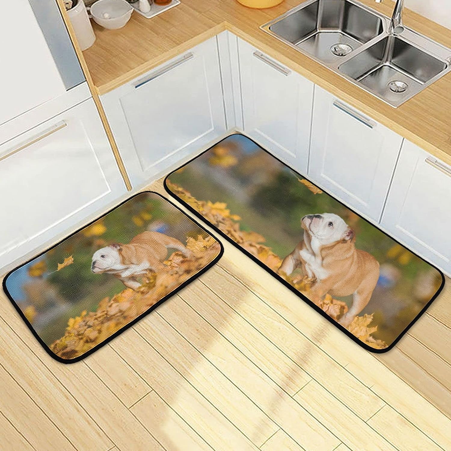 SKYSONIC Cute Fall Bulldog Kitchen Rugs Set of 2, Yellow Maple Leaf ...