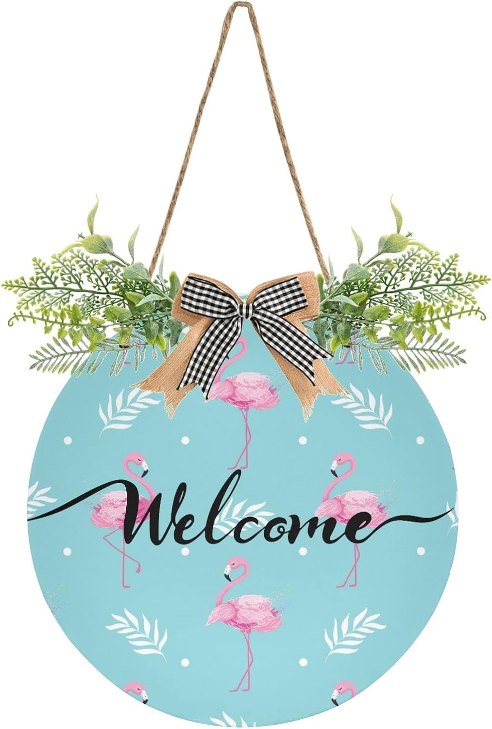 SKYSONIC Cute Flamingo Welcome Sign Front Door Decor Round Door Hanging ...