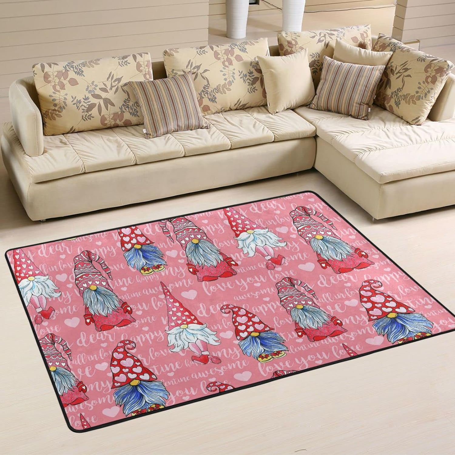 SKYSONIC Cute Gnomes Valentine Words Non-Slip Area Rug, Pink Background ...