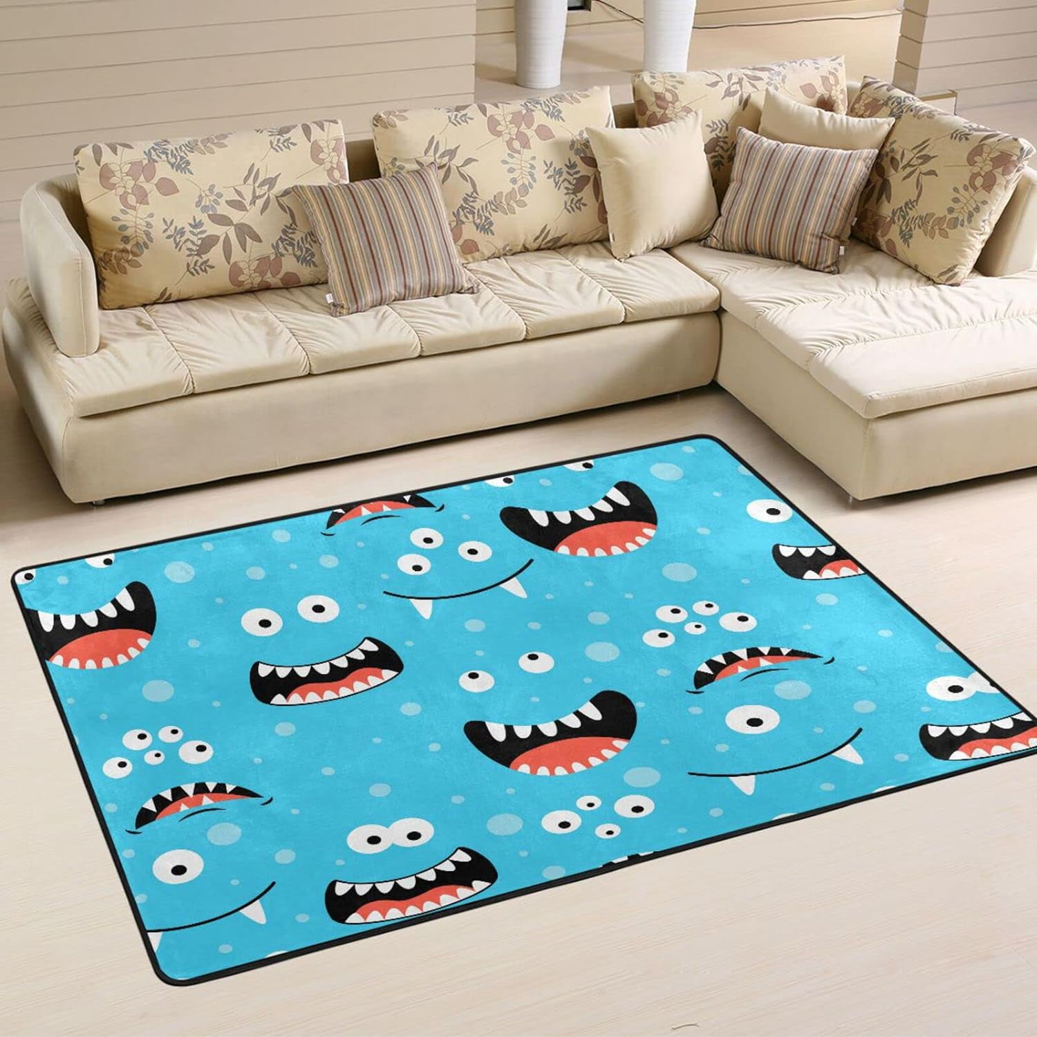 SKYSONIC Cute Monster Face Area Rug 72x48in Funny Non-Slip Floor Carpet ...