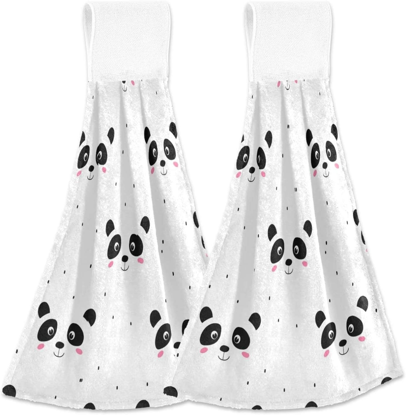 SKYSONIC Cute Panda Face on White 2Pcs Kitchen Hanging Towel Set Hand ...