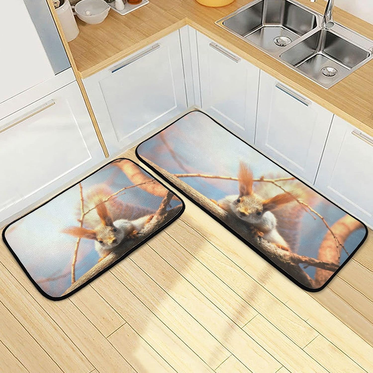 SKYSONIC Cute Squirrel Autumn Kitchen Rugs Set of 2, Fall Forest Animal ...