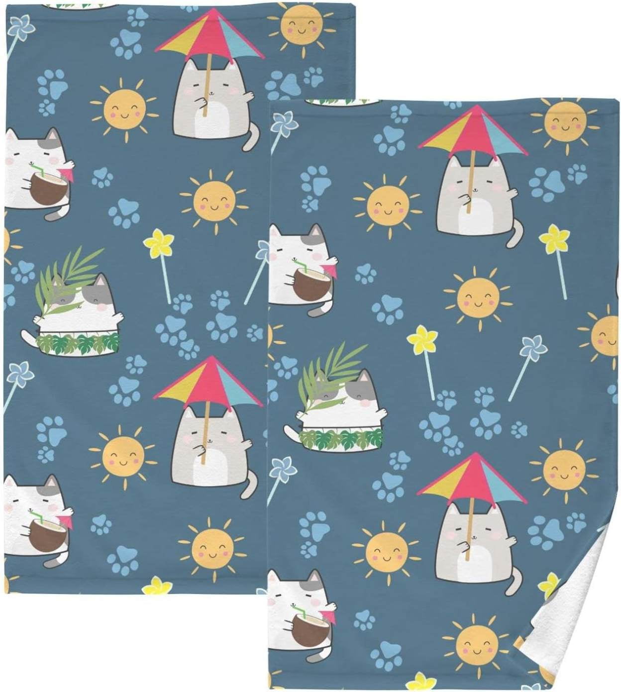 SKYSONIC Cute Summer Cats Patterned Hand Towels 2 PCS, Cotton Bath ...