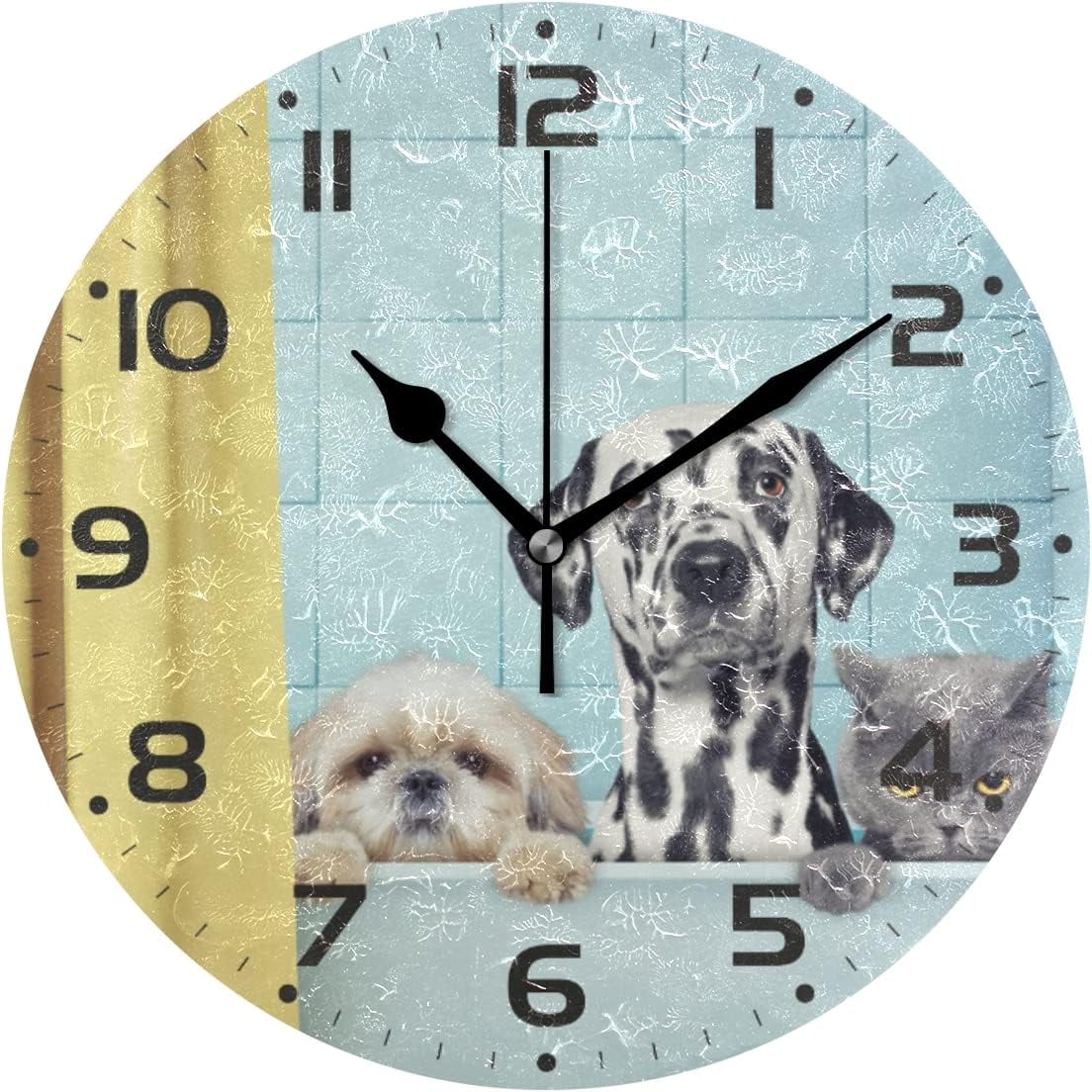 SKYSONIC Cute Two Dogs and Cat Wall Clock 10 Inch Silent Non Ticking ...