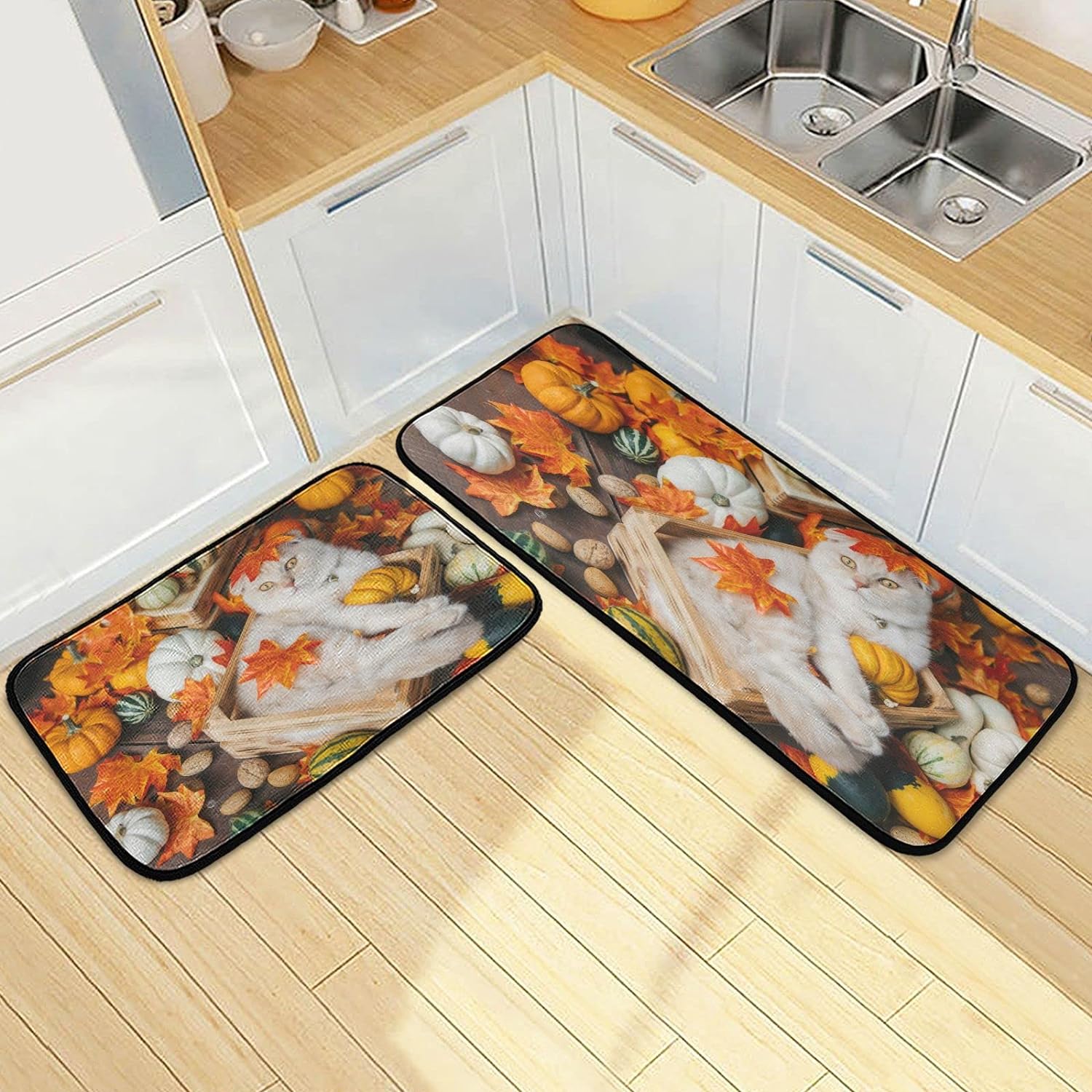 SKYSONIC Cute White Kitten Fall Kitchen Rugs Set of 2, Red Leaves ...