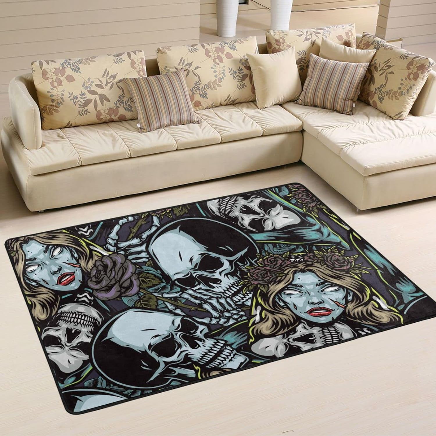 SKYSONIC Death Skull Vintage Non-Slip Area Rug, Halloween Night Floor ...