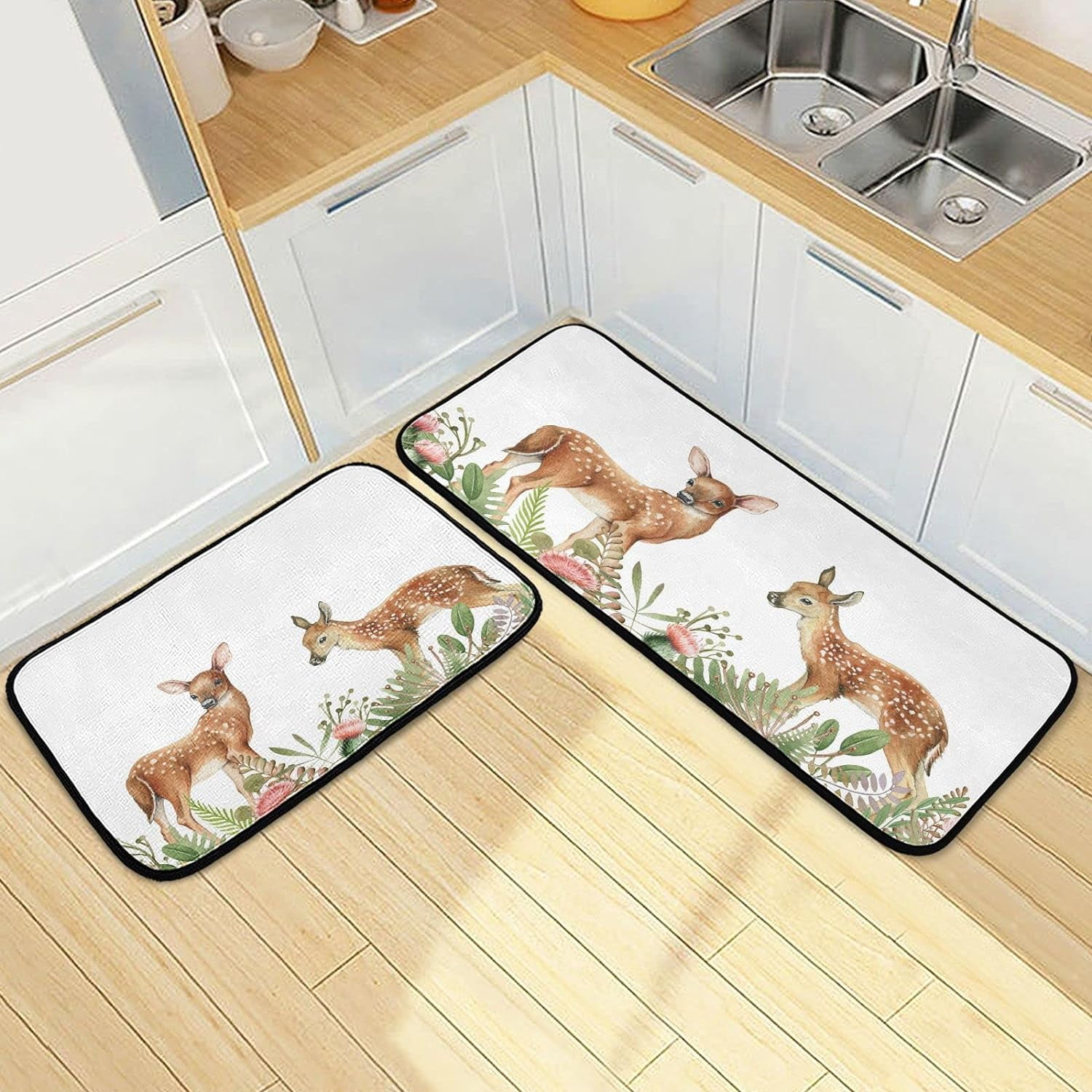 SKYSONIC Deer Animal Autumn Kitchen Rugs Set of 2, Wild Forest Herbs ...