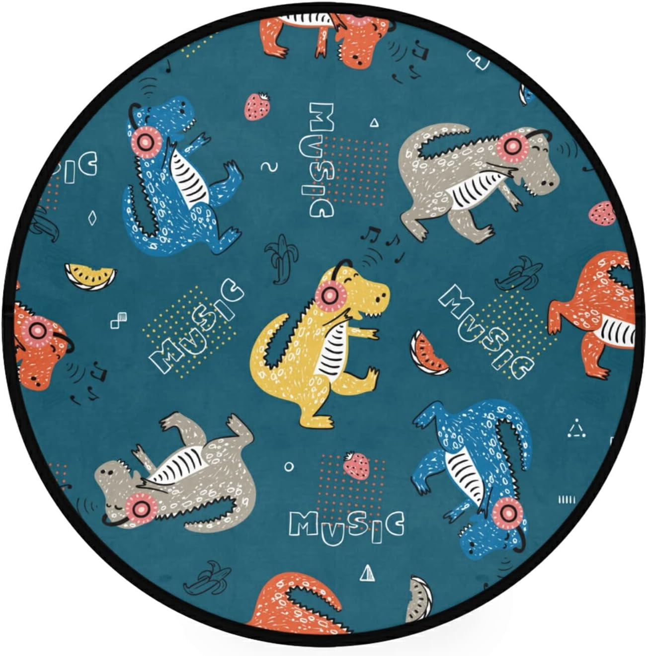 SKYSONIC Dino Music Lover Doodle Dancing Blue Round Area Rug Chair ...