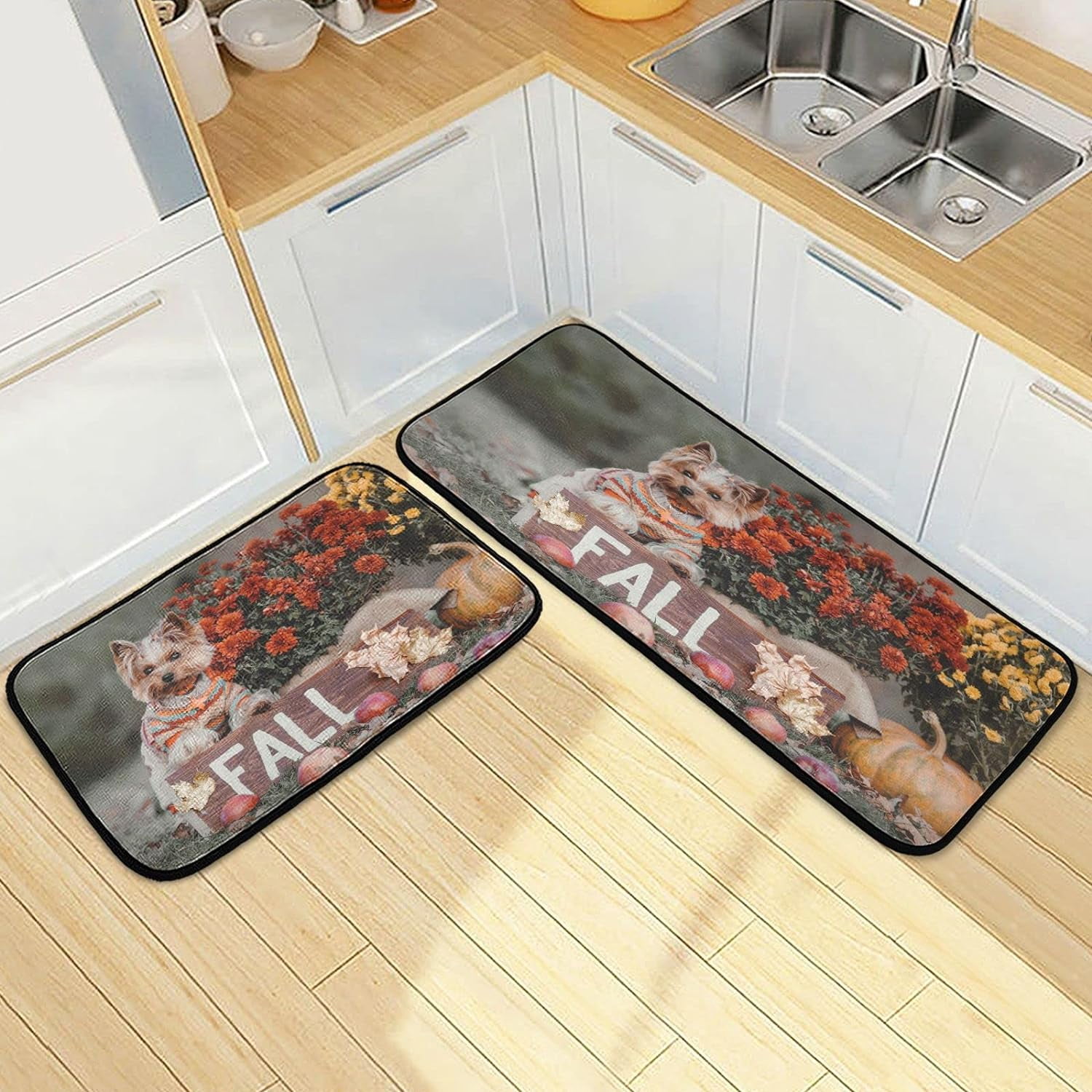 SKYSONIC Dog Fall Pumpkin Kitchen Rugs Set of 2, Autumn Flower Floor ...