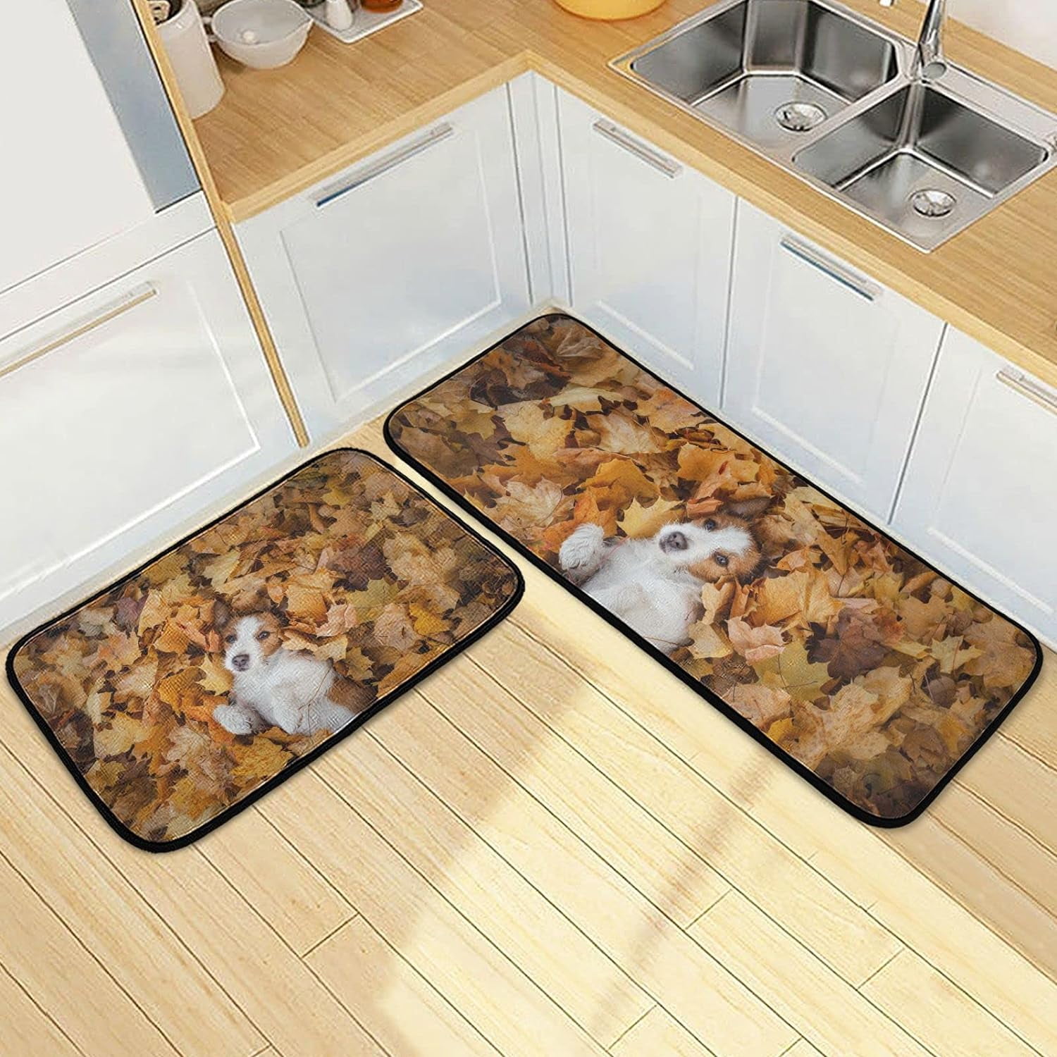 SKYSONIC Dog Lay Autumn Leaves Kitchen Rugs Set of 2, Fall Floor Runner ...