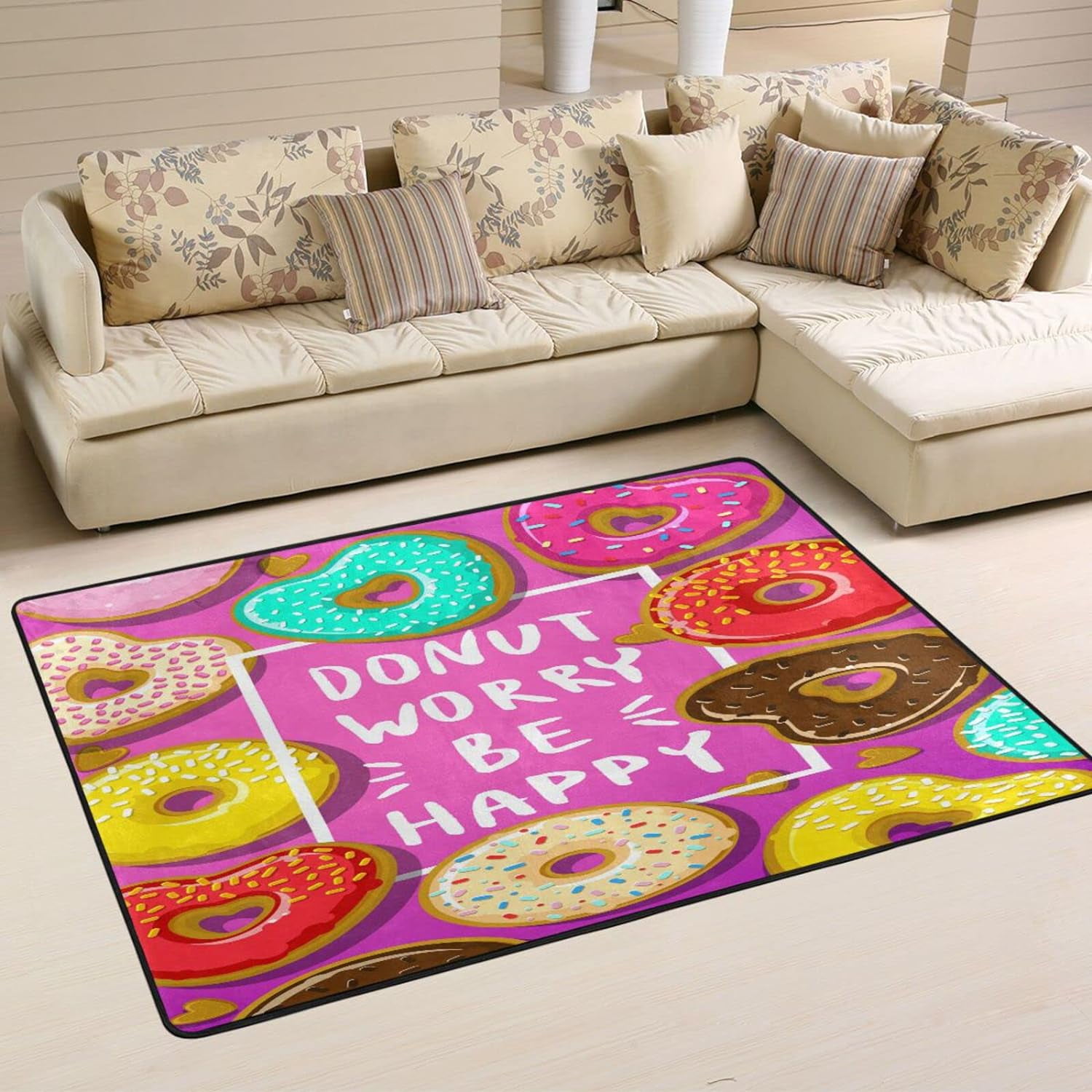 SKYSONIC Donut Worry Be Happy Area Rug 72x48in Funny Quote Non-Slip ...