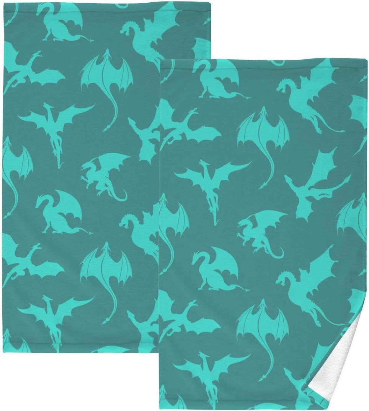 SKYSONIC Dragons Teal Patterned Hand Towels 2 PCS, Cotton Bath Towel ...