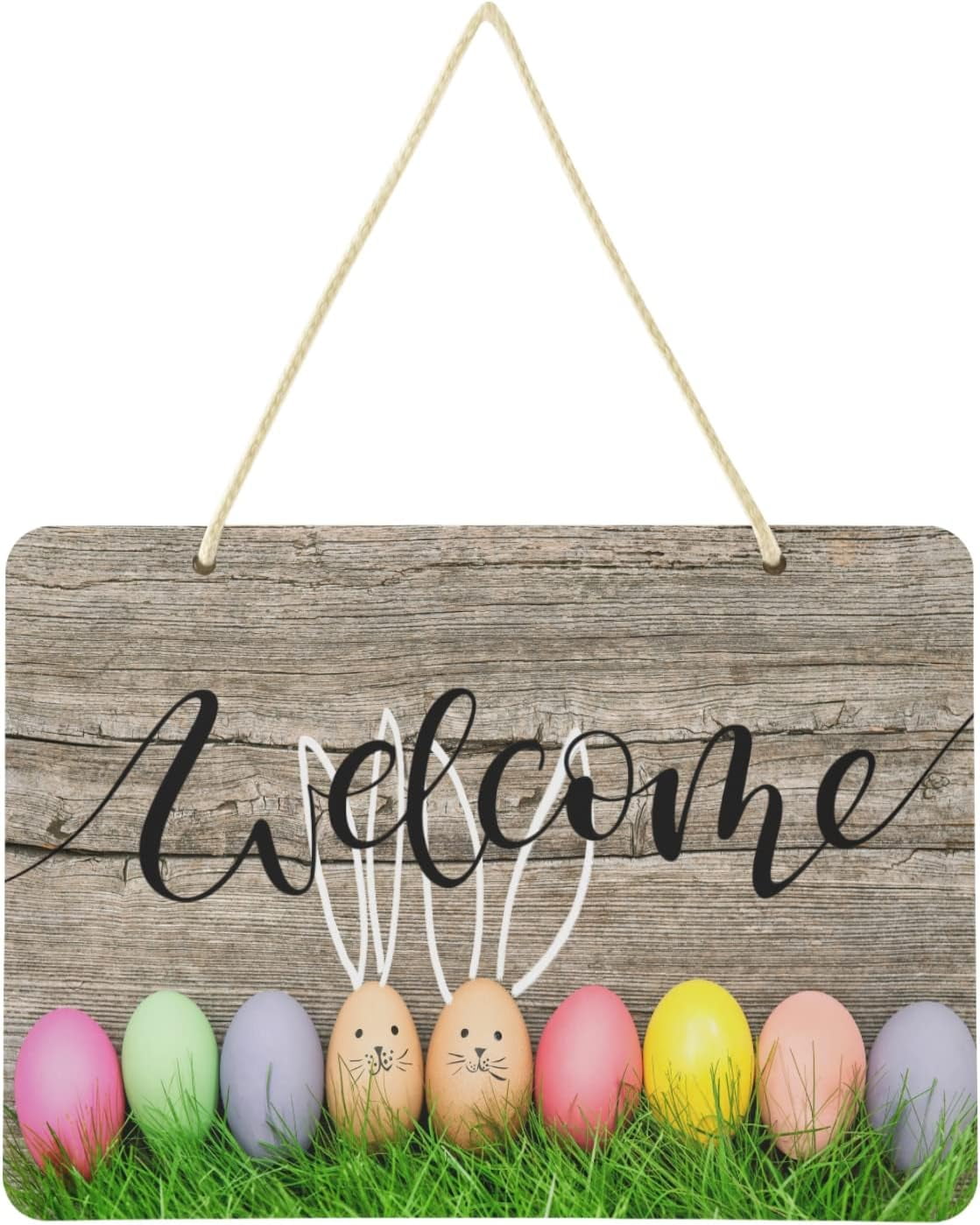 SKYSONIC Easter Bunny Eggs Welcome Sign Front Door Decor Wall Hanging ...