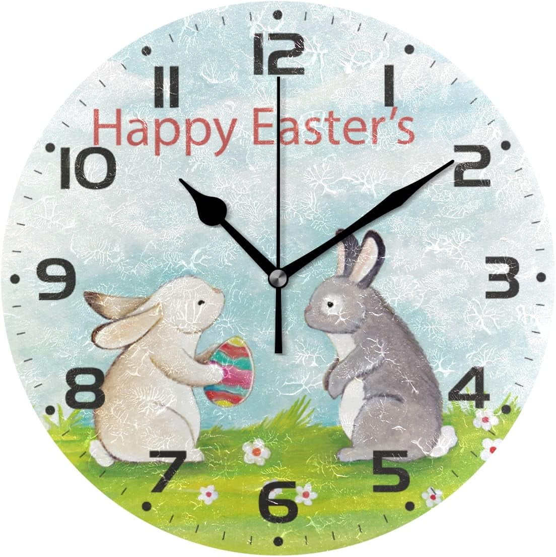 SKYSONIC Easter Bunny Wall Clock 10 Inch Silent Non Ticking Round Clock ...