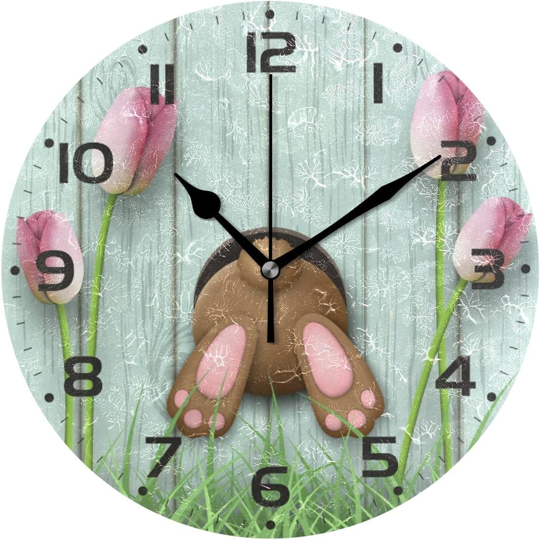 SKYSONIC Easter Bunny Wall Clock 10 Inch Silent Non Ticking Round Clock ...