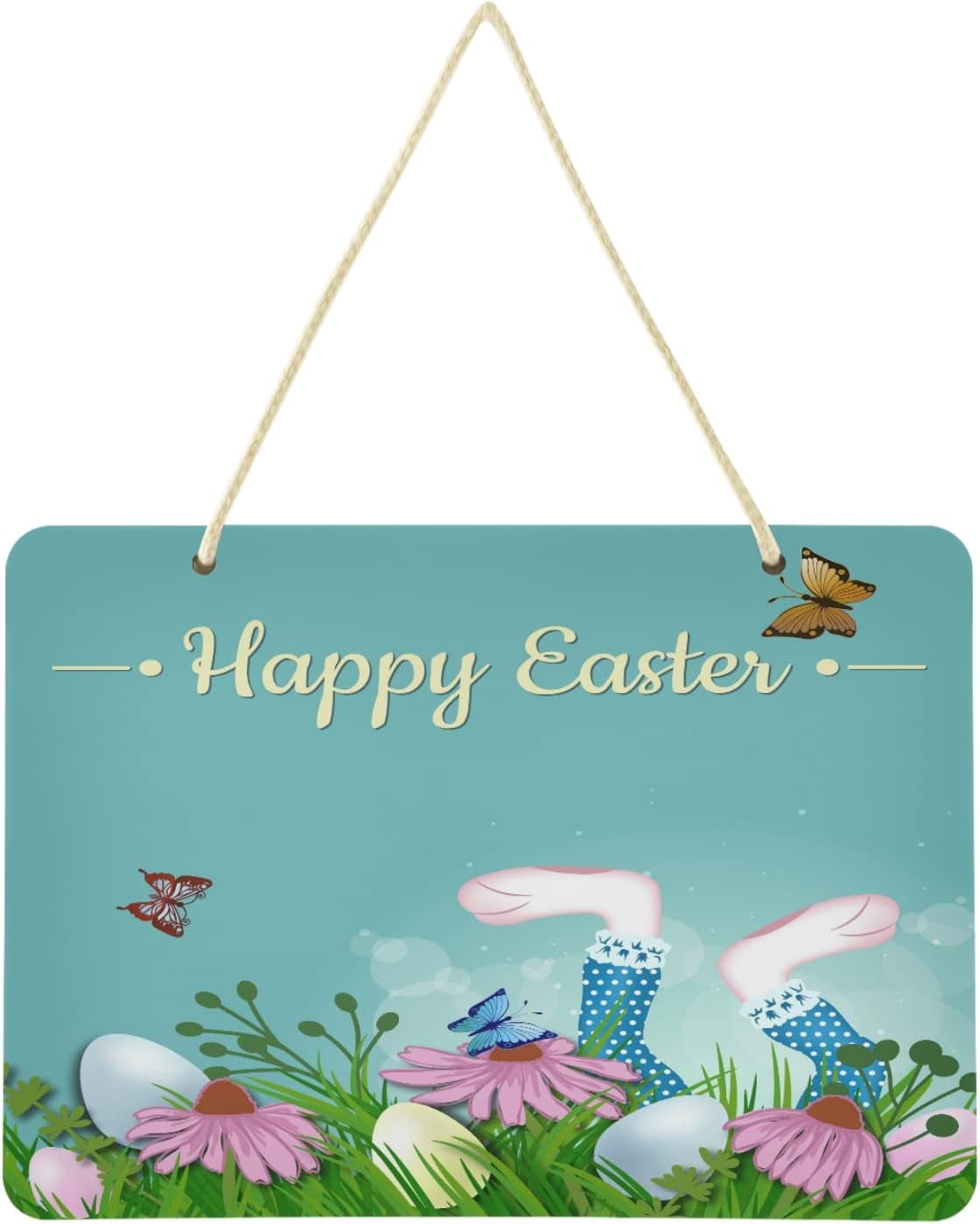 SKYSONIC Easter Butterfly Rabbit Feet Welcome Sign Front Door Decor ...
